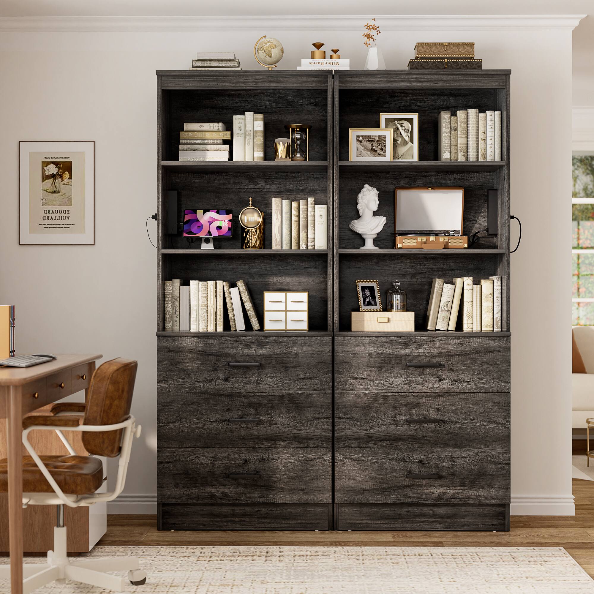 Aheaplus 71 Inch Wooden Bookshelf with USB Charging, 3 Drawers & Open ...