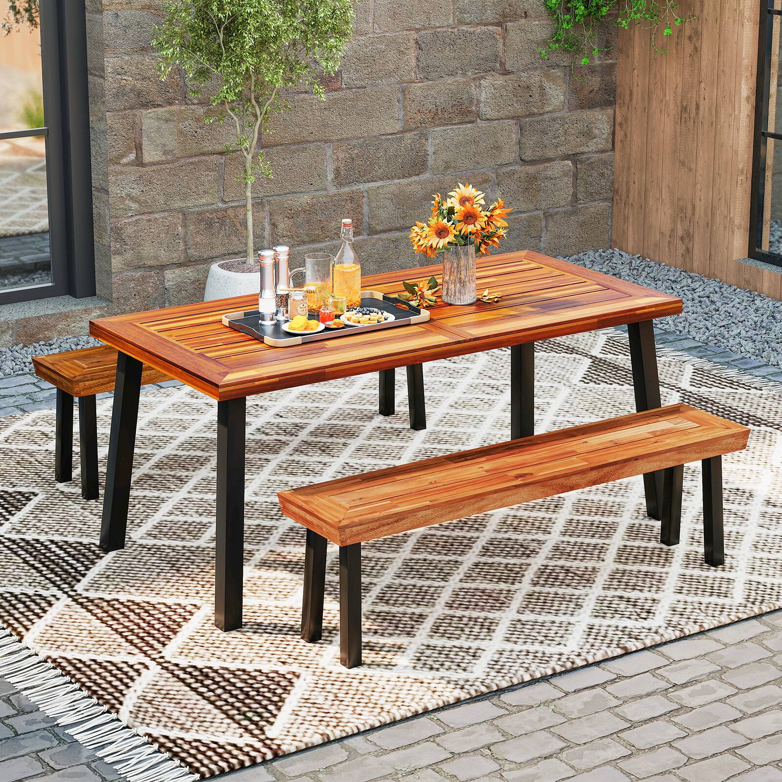 Gymax Outdoor Acacia Wood Benches Set of 2 w/ Slatted Top & Flared ...