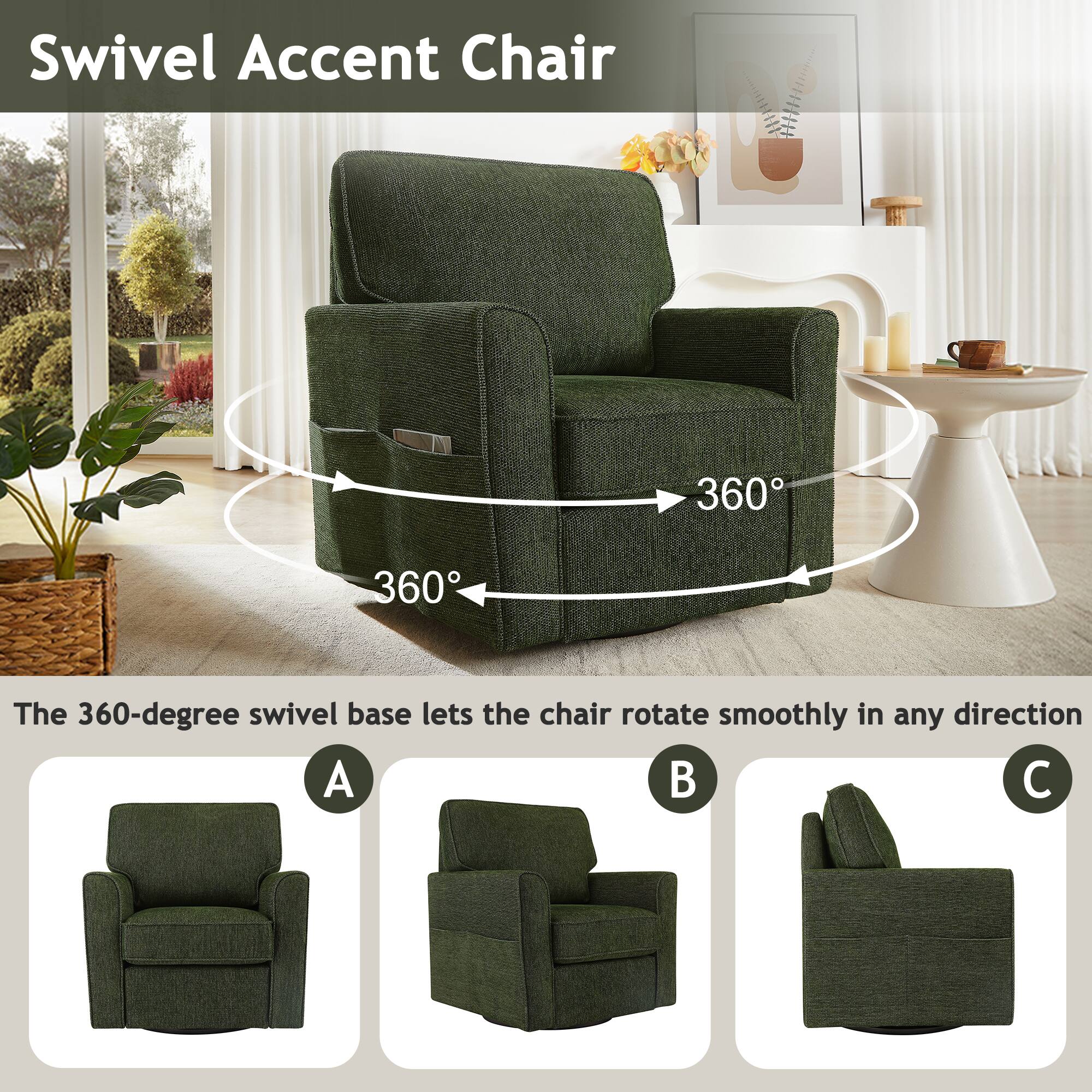 Bestier 360° Swivel Accent Chair with Side Pockets, Upholstered ...