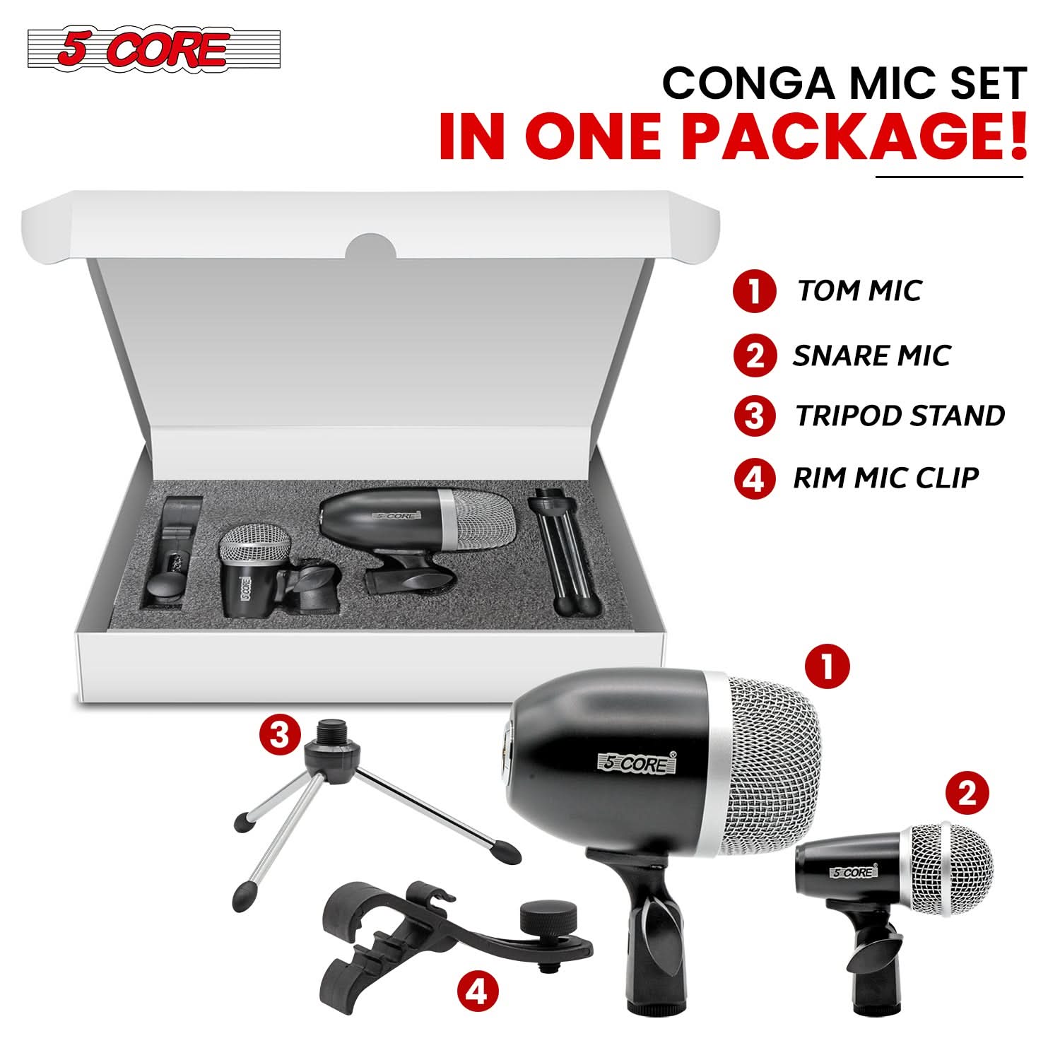5 CORE Conga Mic Snare Tom Microphone Drum Kit Condenser XLR Instrument ...