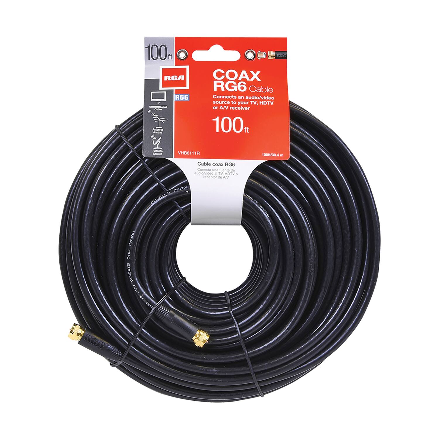RCA Vhb6111r Rg6 Coaxial Cable With F connectors (100 Ft.; Black ...