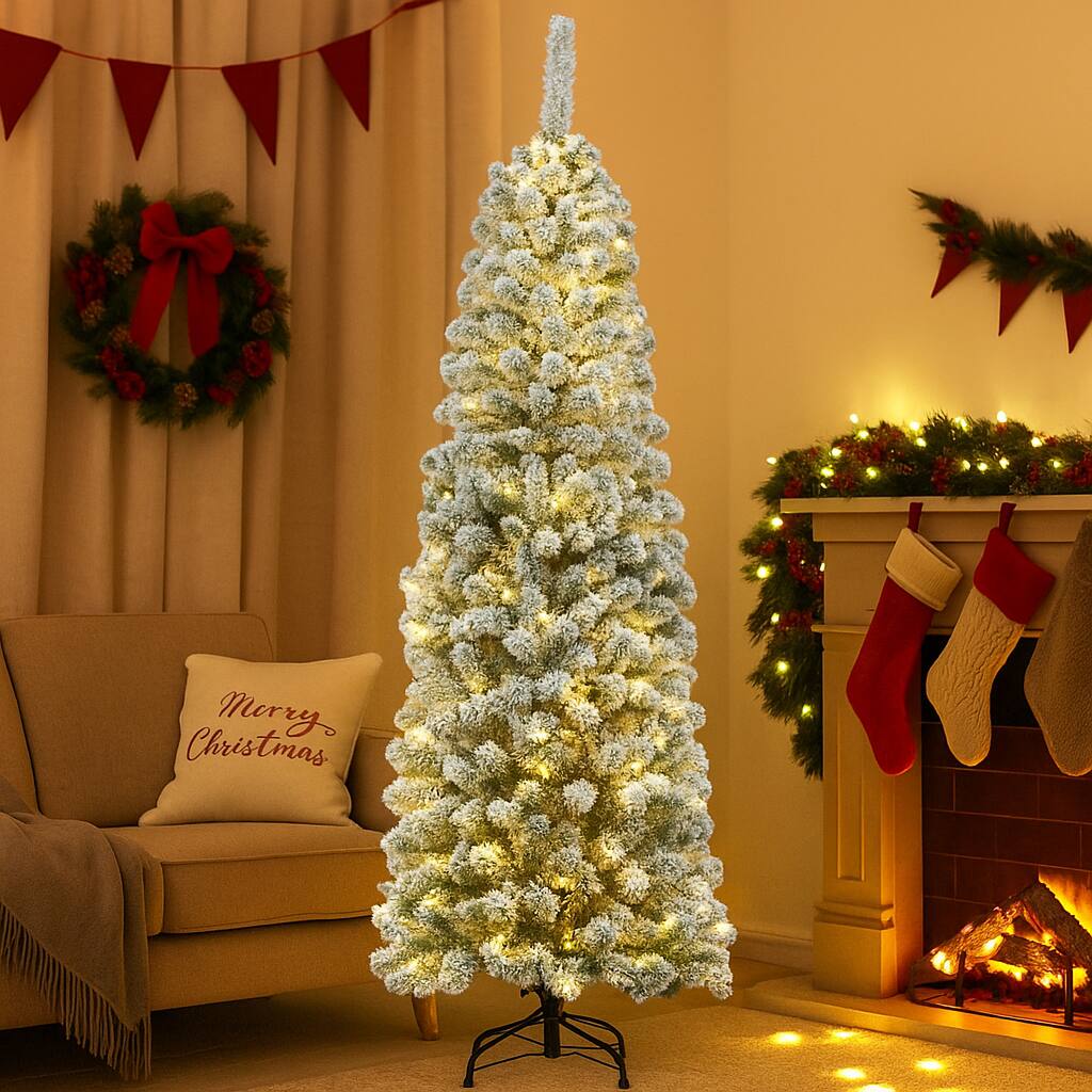 BreeBe Pre Lit 6FT Snow Flocked Pencil Christmas Tree – 250 LED Lighted ...