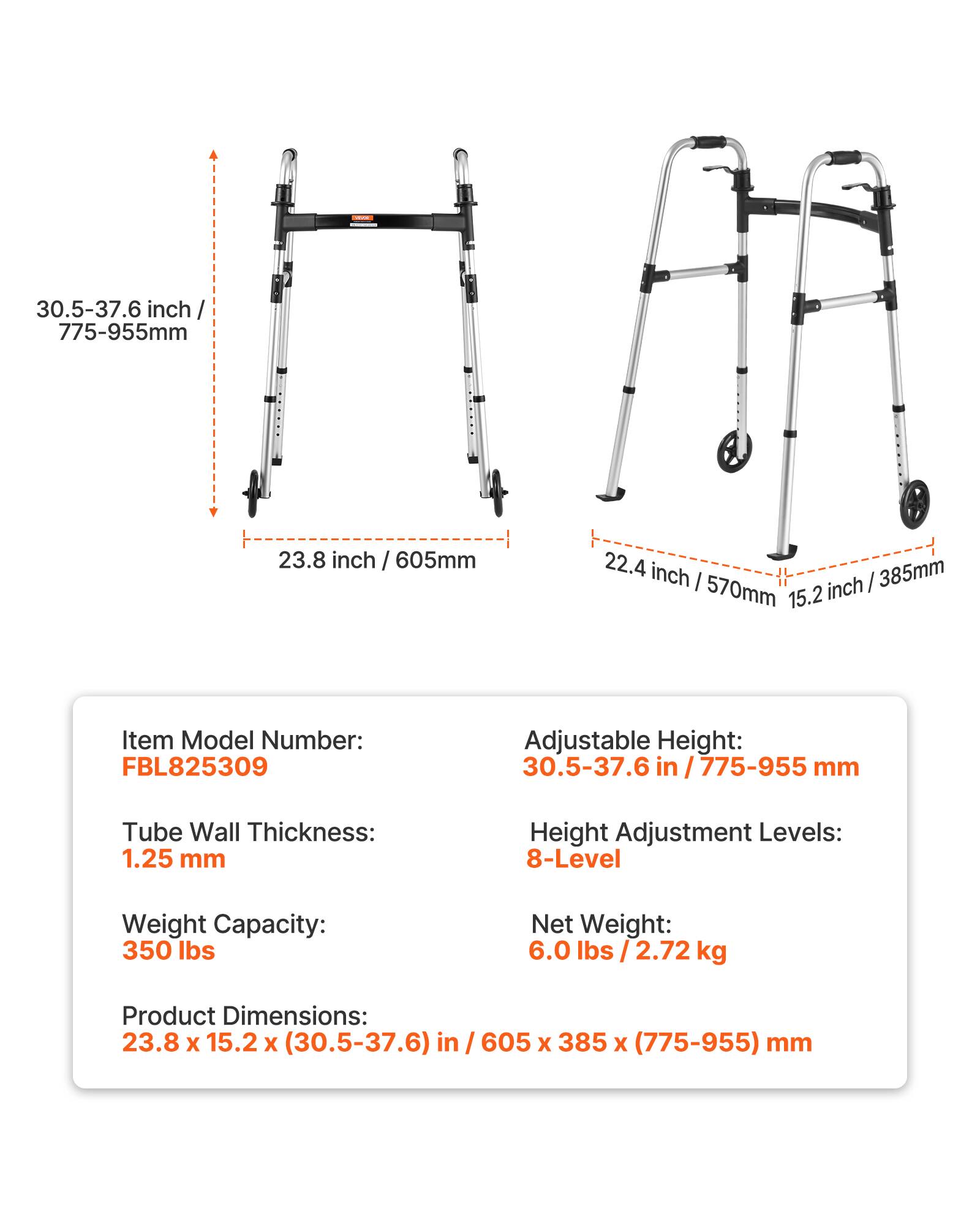 VEVOR Folding Walker, 2 Button Foldable Walker with 5" Wheels & 8 Level ...