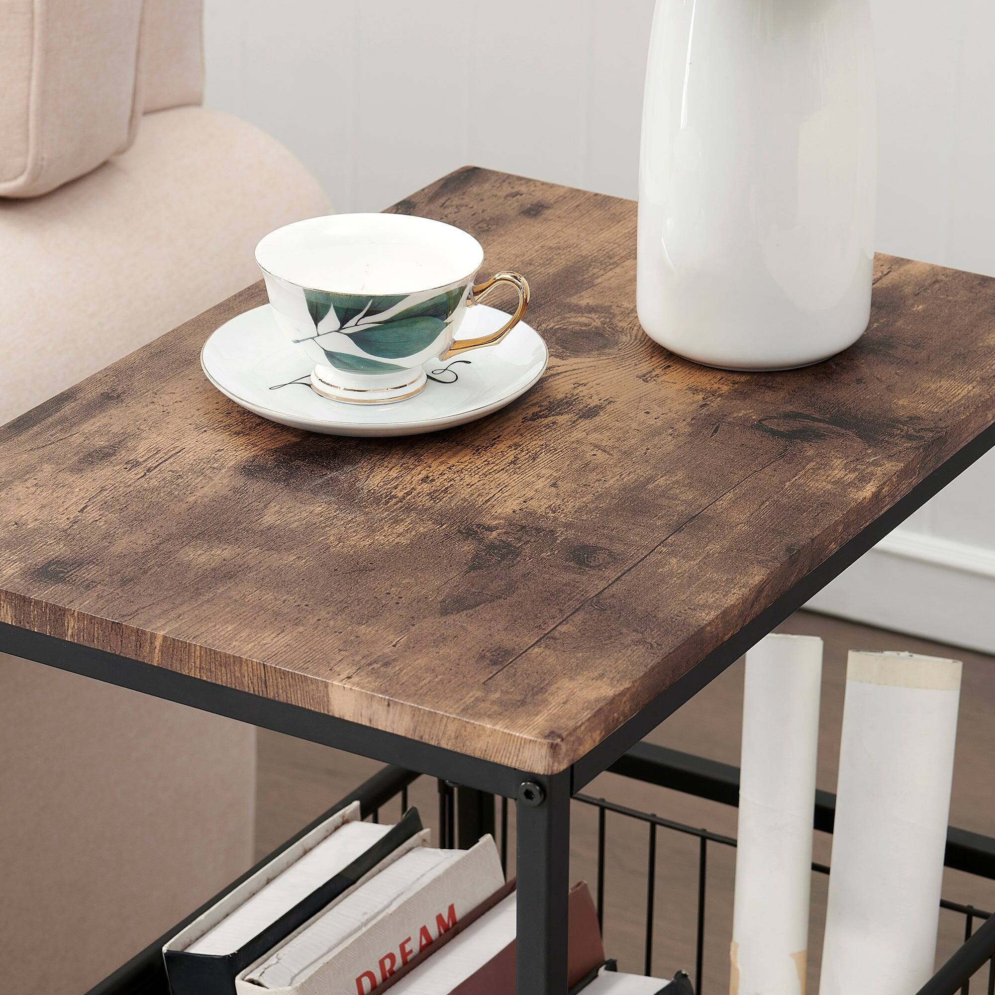 Vecelo Industrial Side Table with Storage Basket 31 Inch Tall End ...