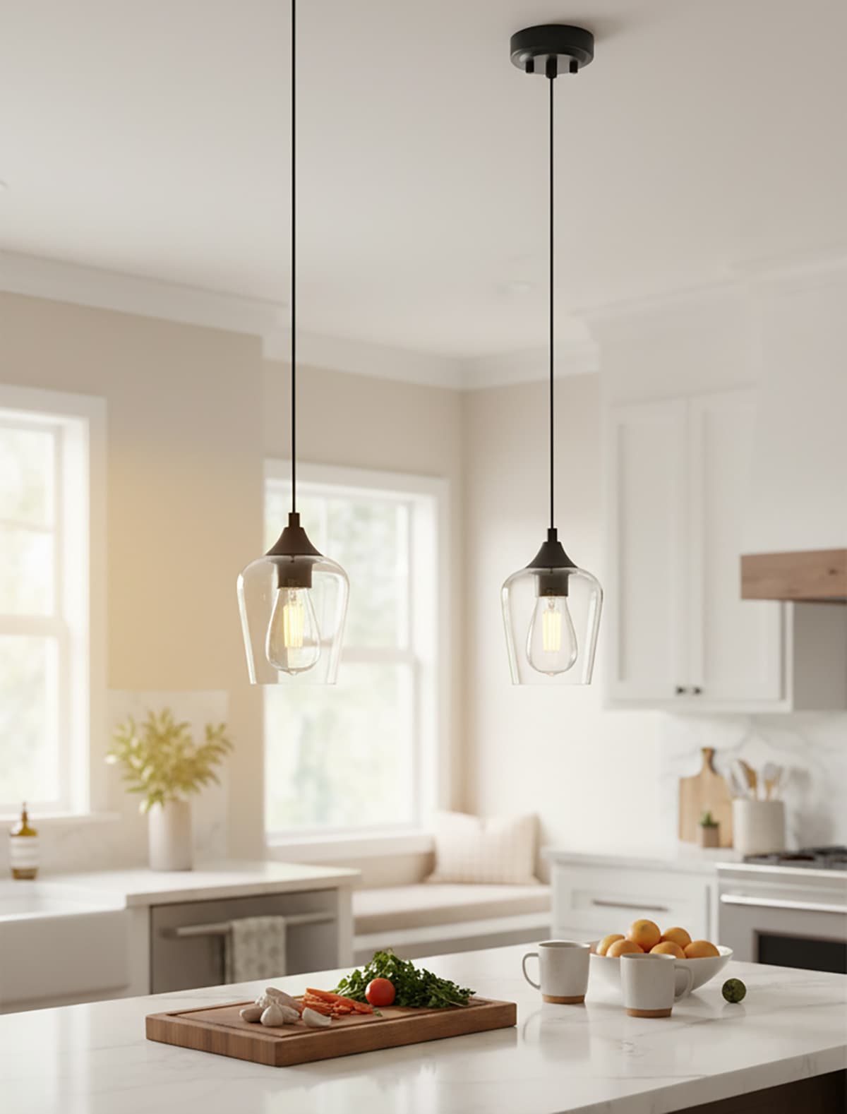 FINEAK Matte Modern Pendant Lights 2 Pack with Glass Shade, E26 Base ...