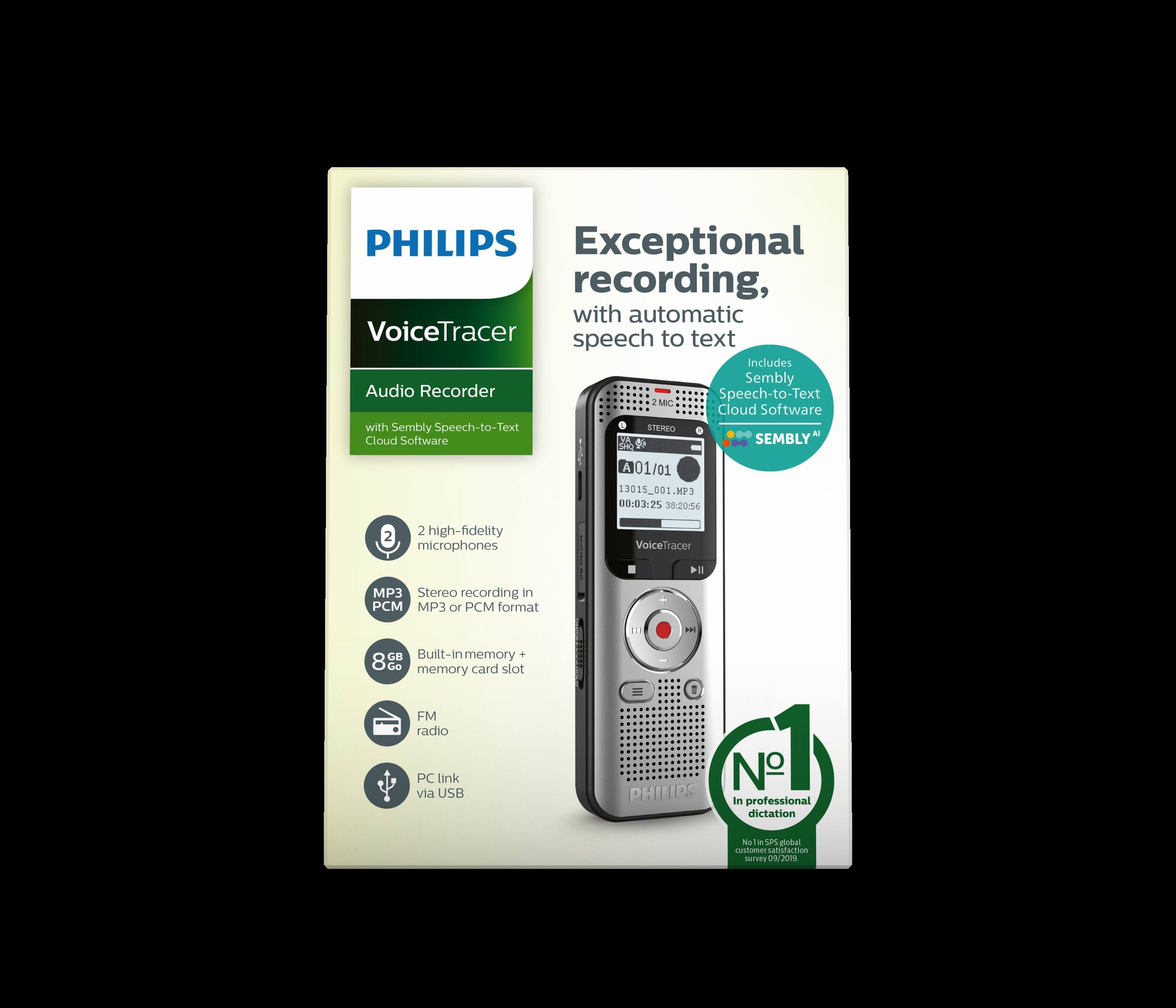 Philips VoiceTracer DVT2015 8GB Voice Recorder with Sembly Cloud Speech-to-Text Software DVT2015 ...
