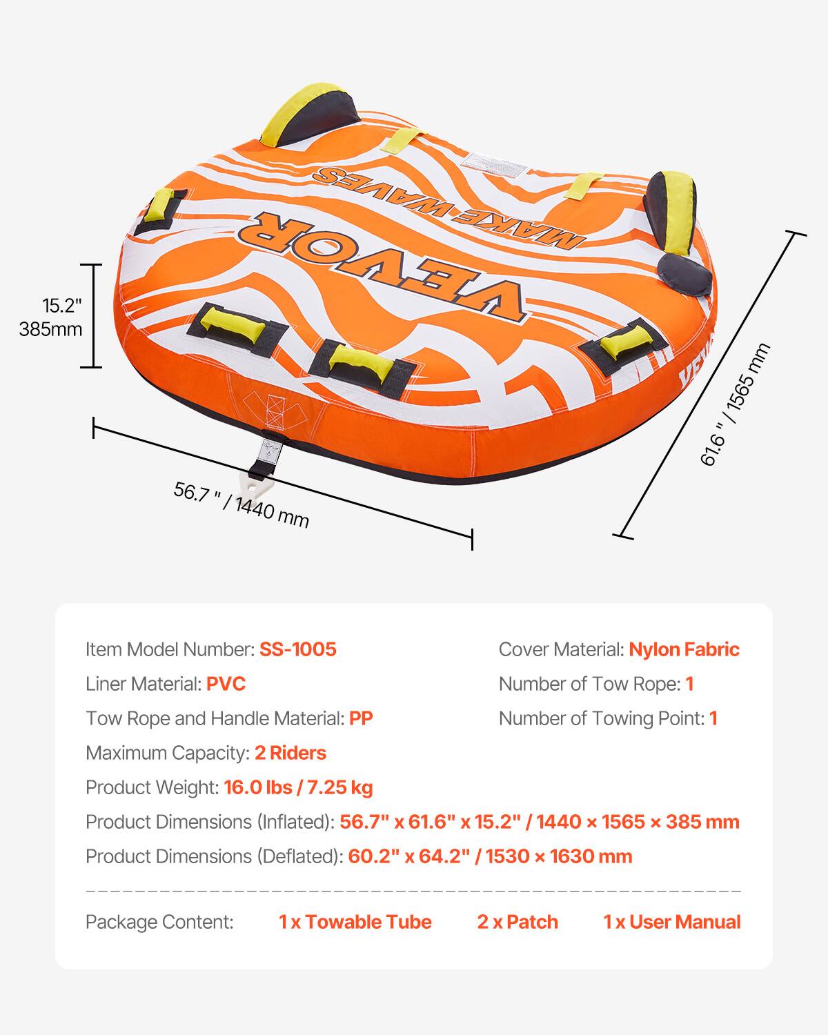 VEVOR Towable Tubes for Boating, 1 2 Riders Inflatable Towable Tube for ...