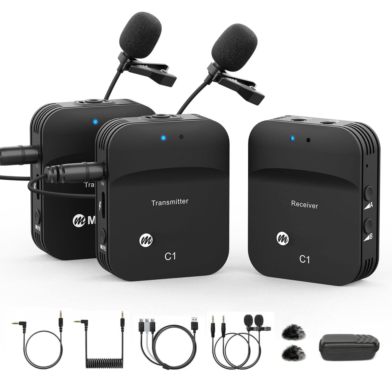 TECH SAFARI Wireless Lavalier Microphone C2x Dual Transmitter Lapel Mic 8h For Online Class Vlog ...