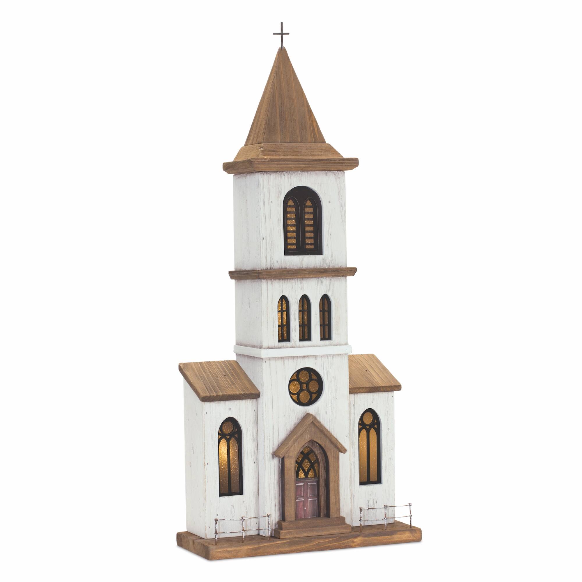 BreeBe Lighted Natural Wooden Church Display with Rustic Metal Accents ...