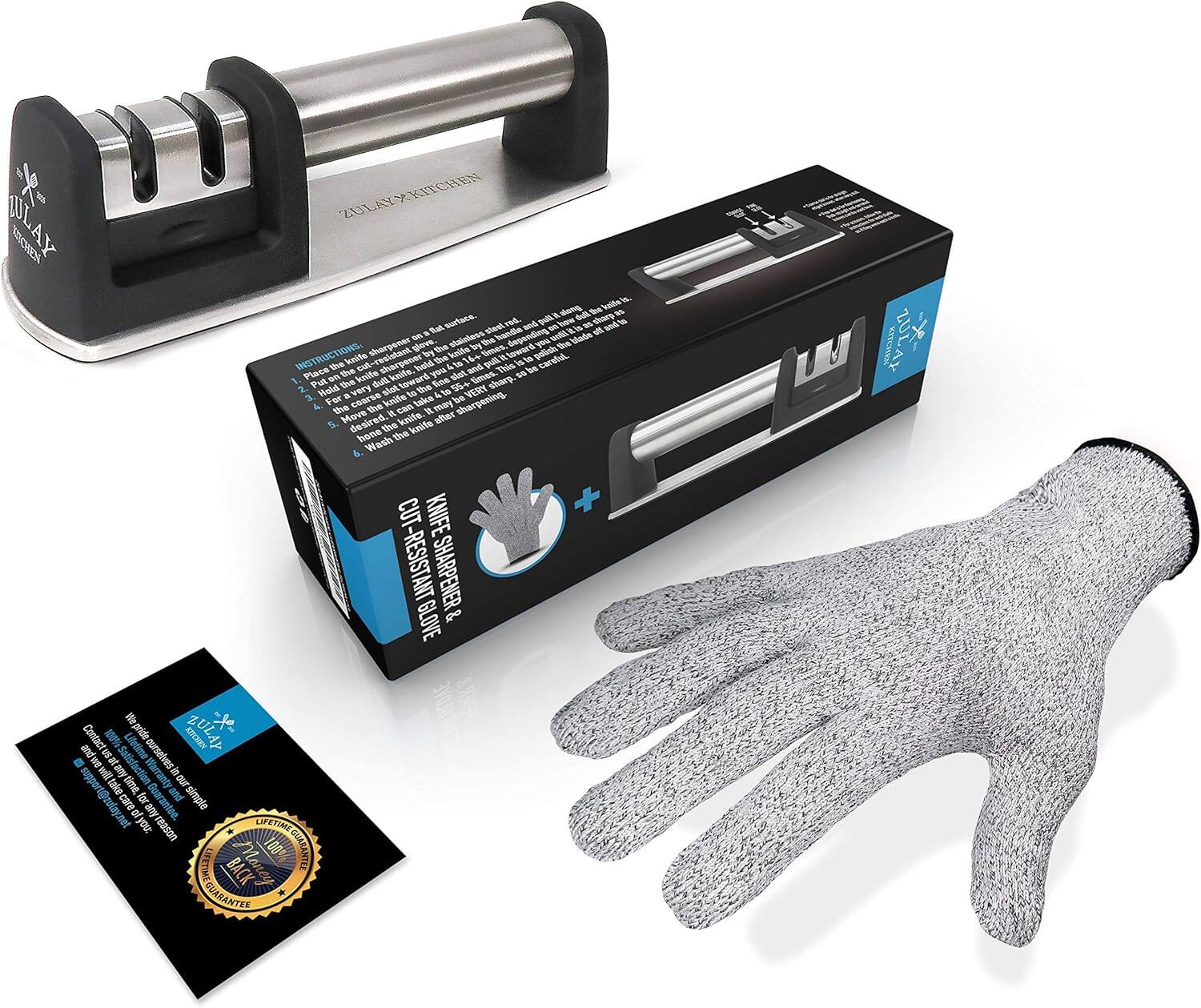 Zulay Kitchen Knife Sharpener & Cut Resistant Glove 2 Stage Knife ...