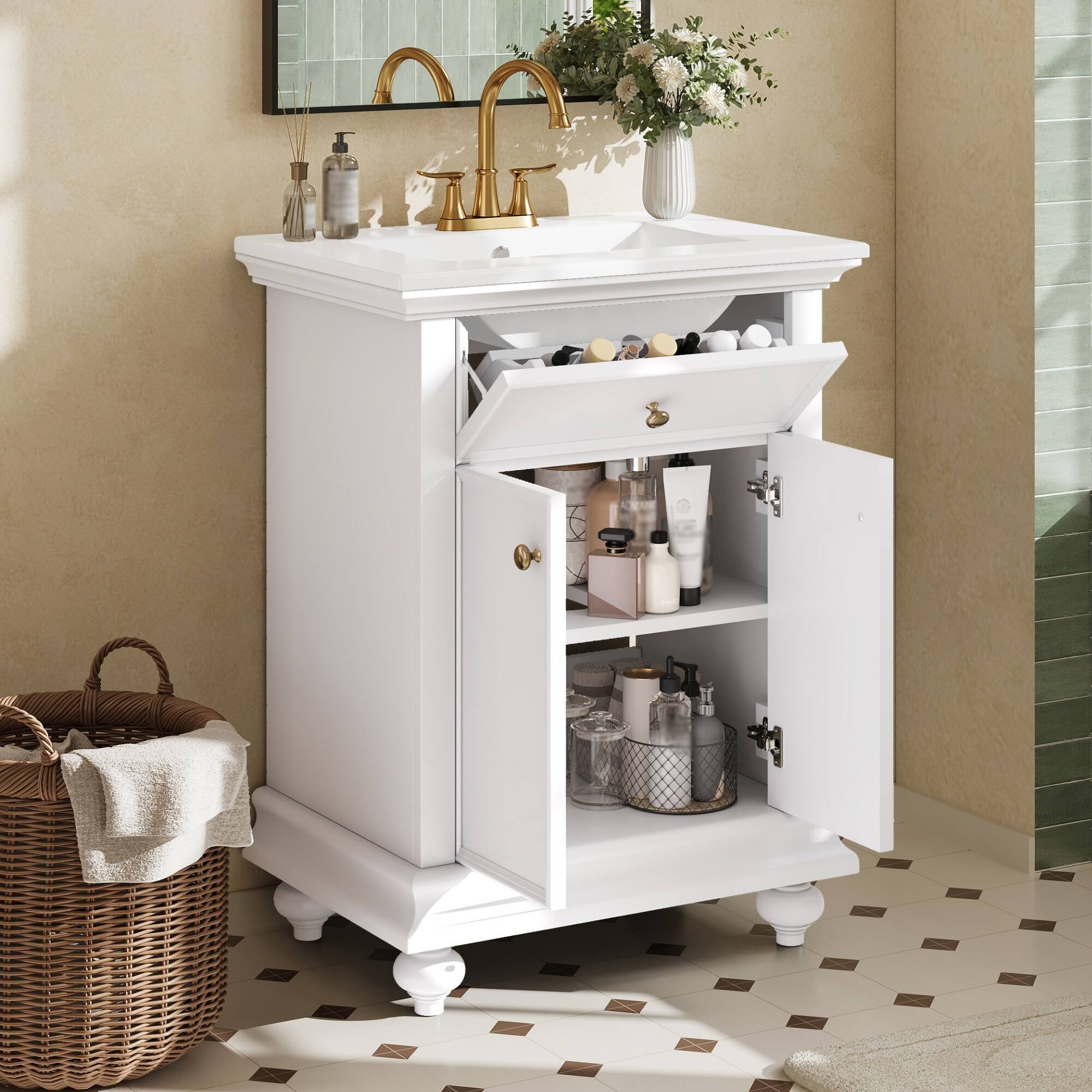 Whisen 24" Modern Bathroom Vanity Cabinet with Sink Tip Out Soft Close ...
