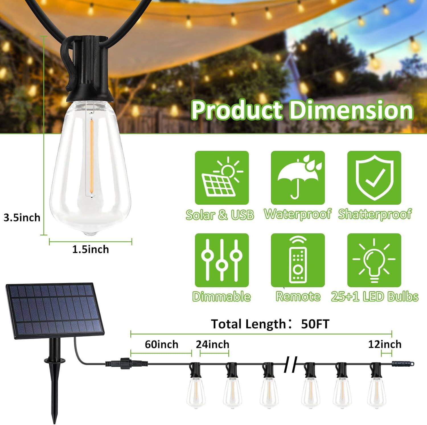 Nordic Hygge 50FT Solar String Lights Outdoor Waterproof, Hanging Solar Lights with 26 ...