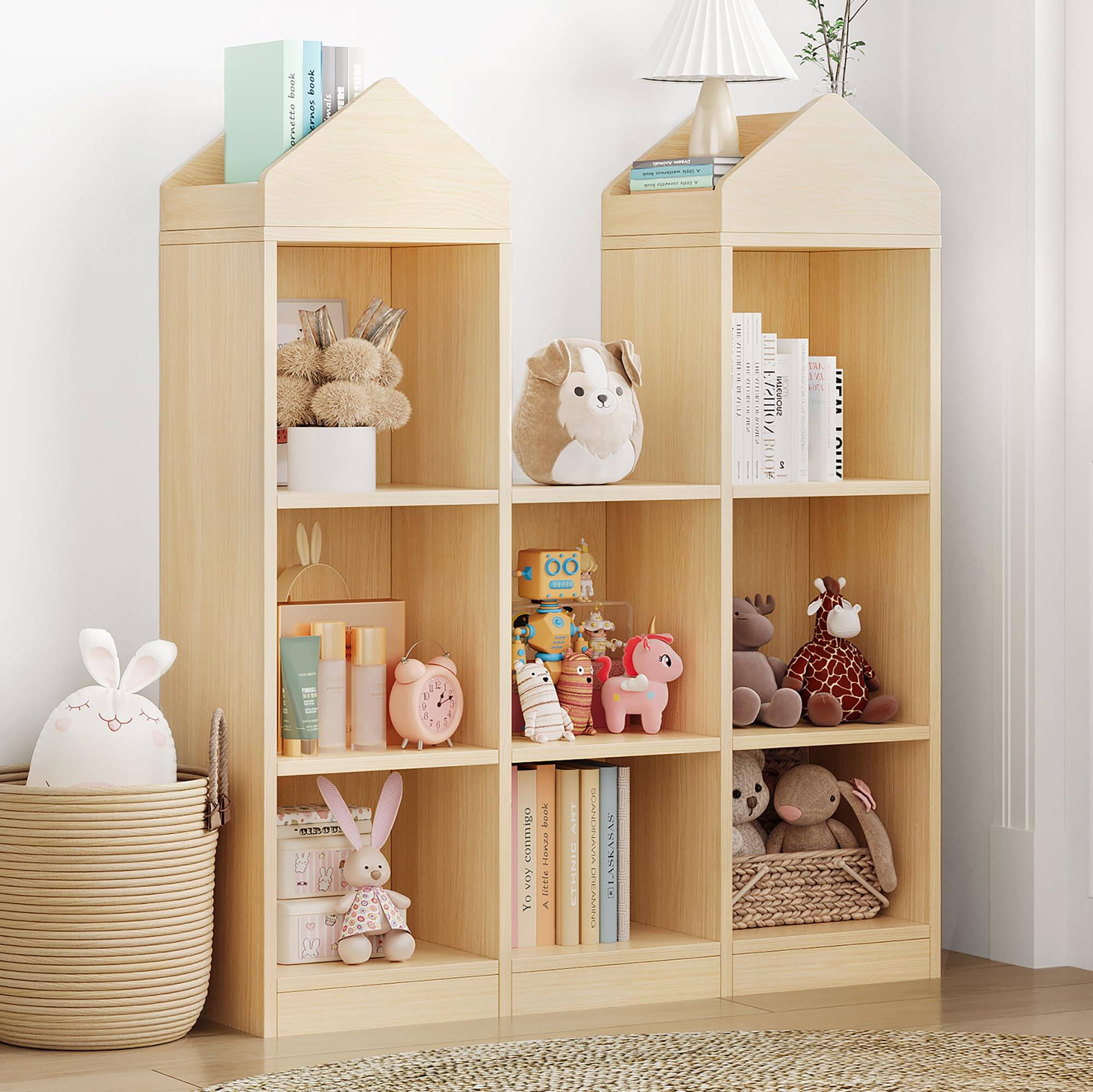 Babevy 8 Cubby Kids Toy Storage Organizer, Wooden Bookshelf with Roof ...