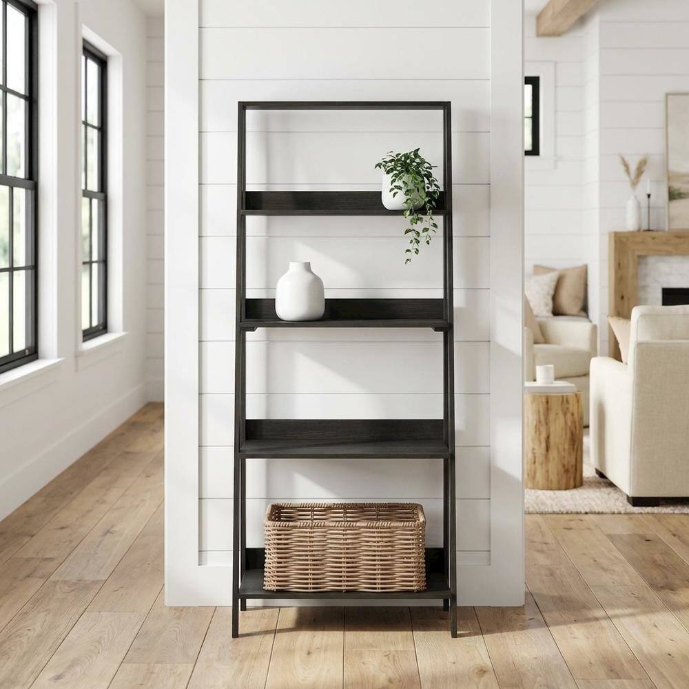 FurniFact Black 5 Tier Ladder Shelf for Books and Display Storage Black ...