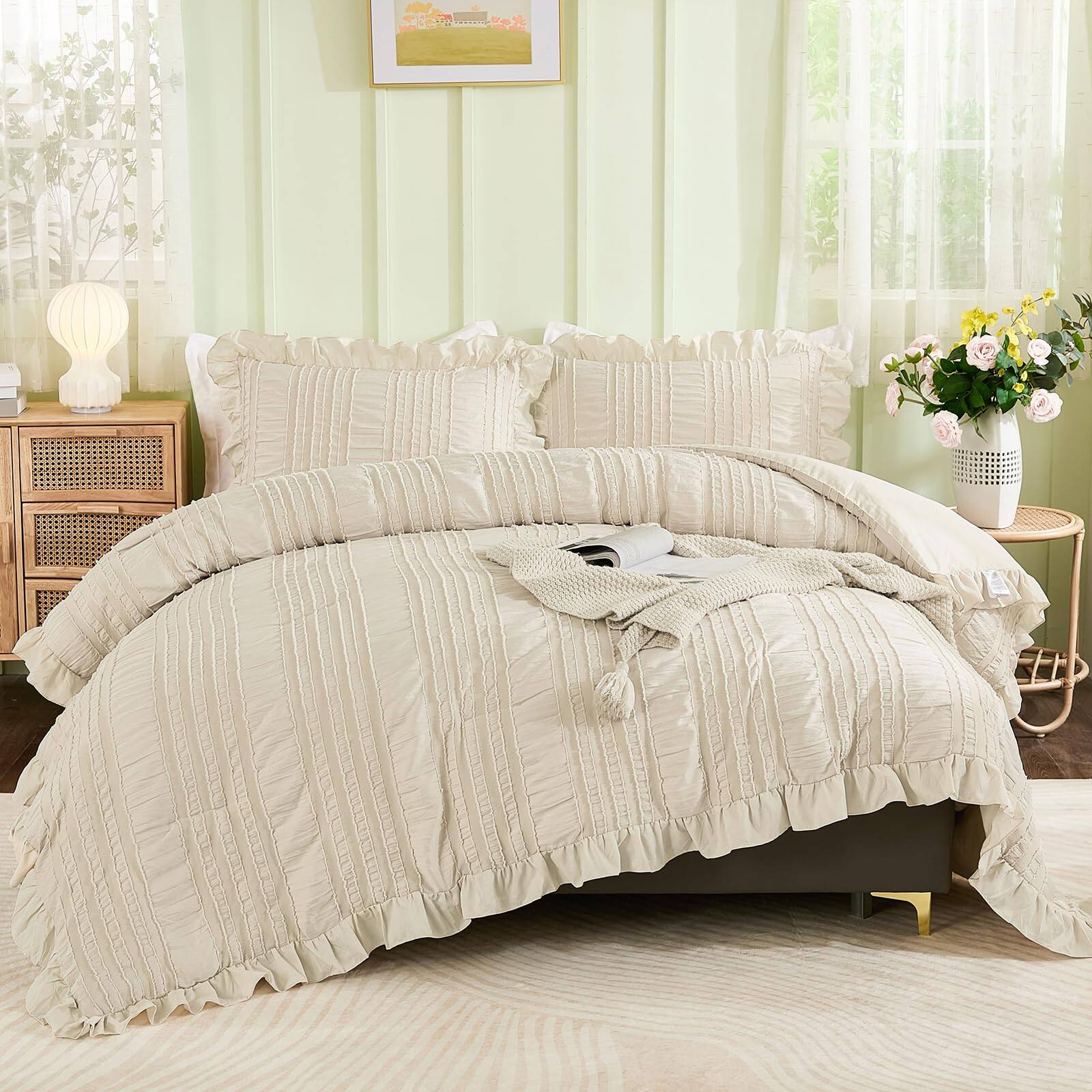 Comfort Essence Textured Comforter Set King 3 Pieces Ruffle Farmhouse ...