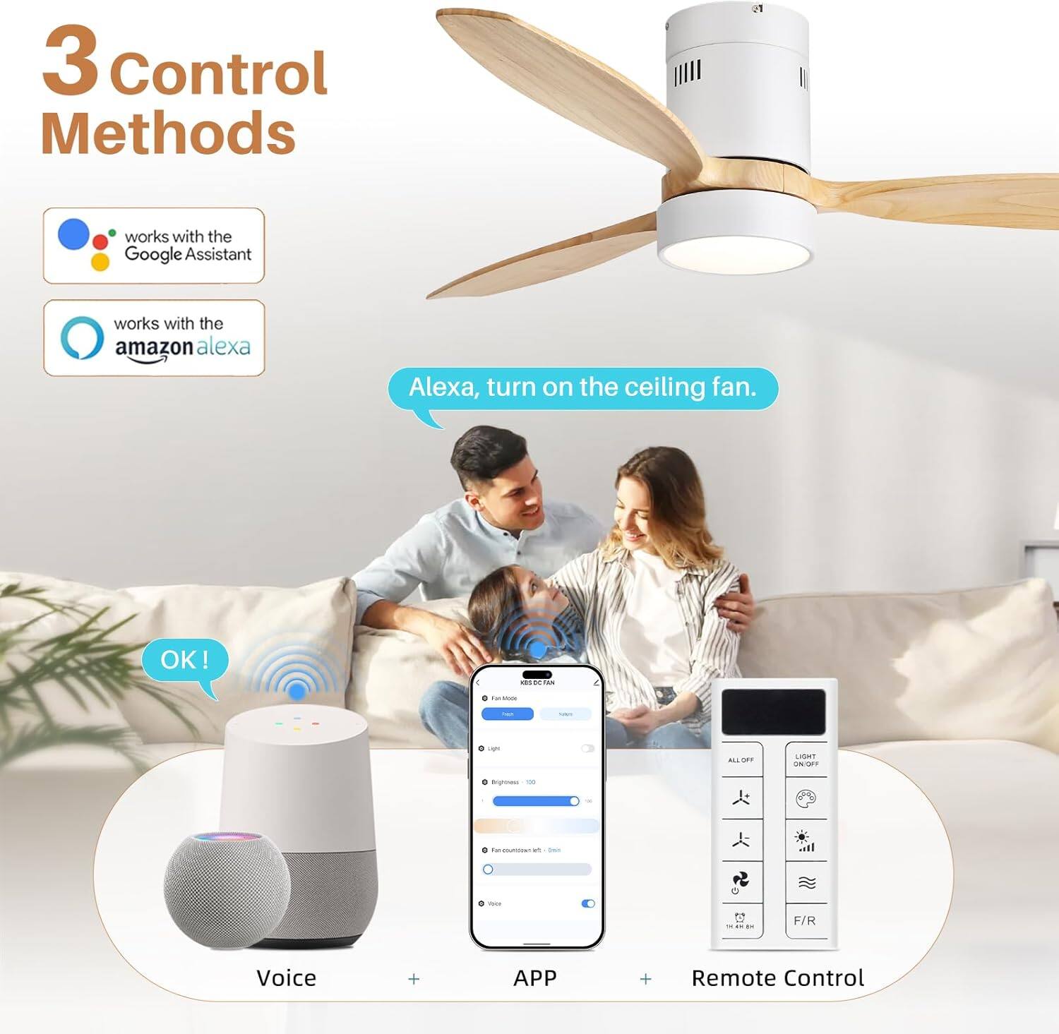 Sofucor Smart 52” Wood Flush Mount Ceiling Fans w/ Remote Quiet DC ...