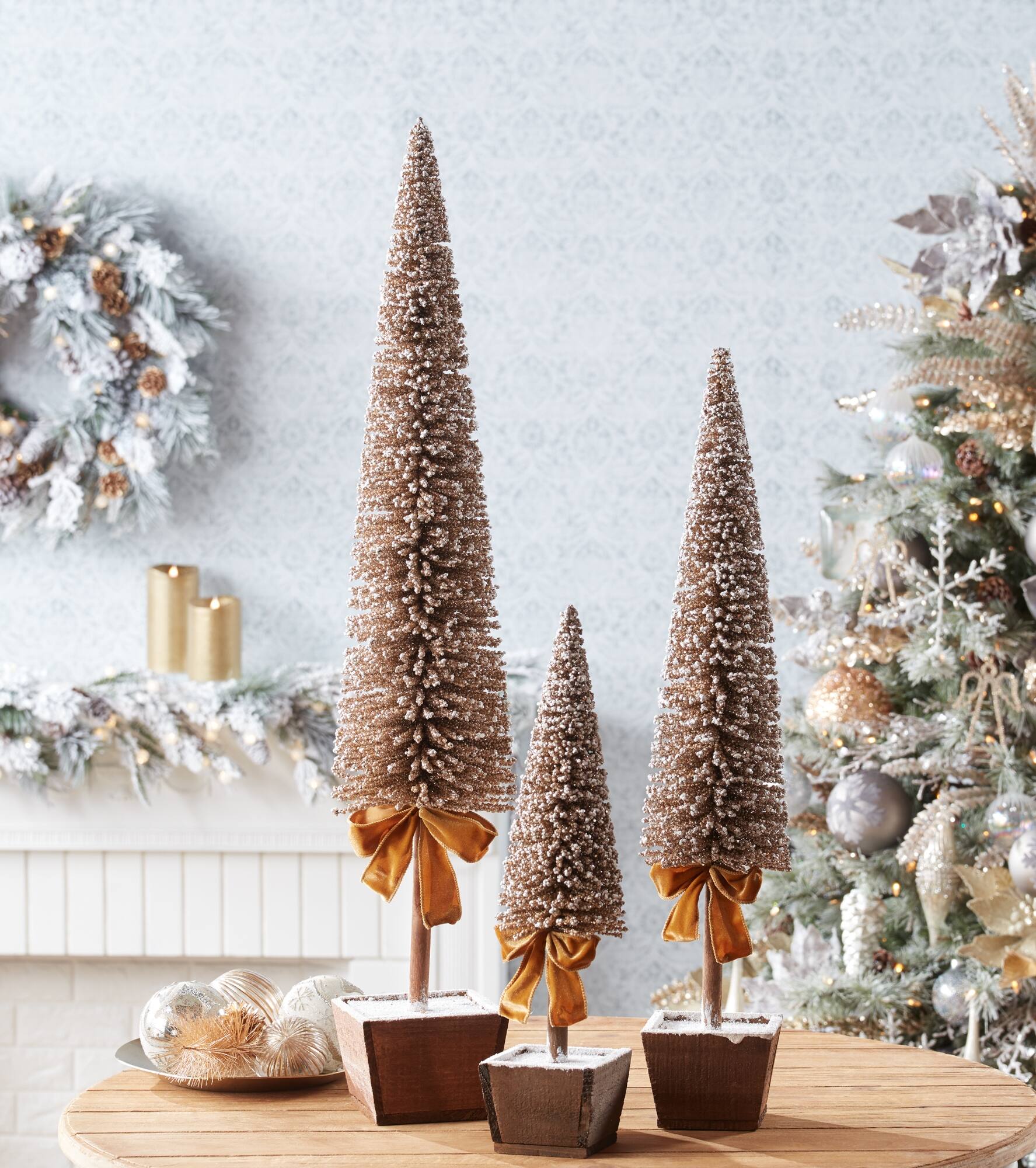 BreeBe Potted Bottle Brush Pine Tree (Set of 3) Gold, White 87414DS ...