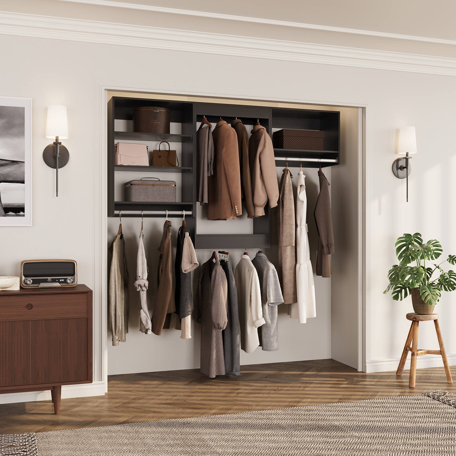 LOVMOR 84 in Black Modular Closet System Unit Customizable Wall Mounted ...