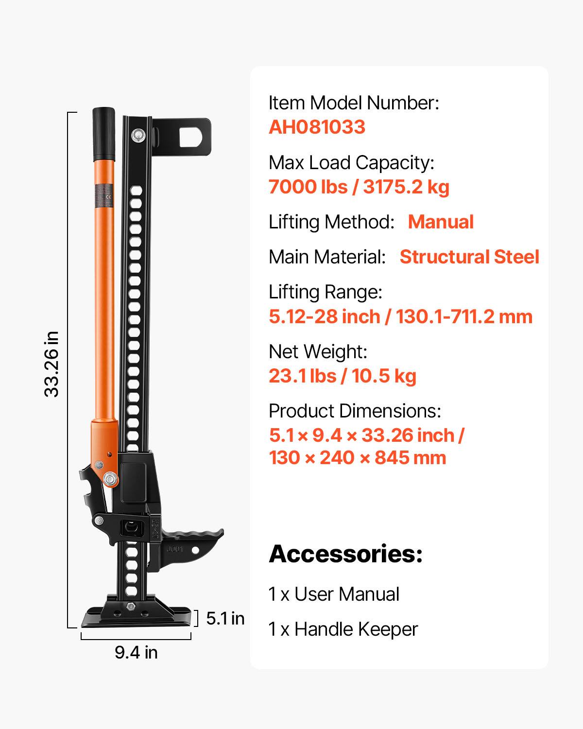 VEVOR Farm Jack, 33" Utility High Lift Farm Jack, 3.18 Ton (7,000 lbs ...