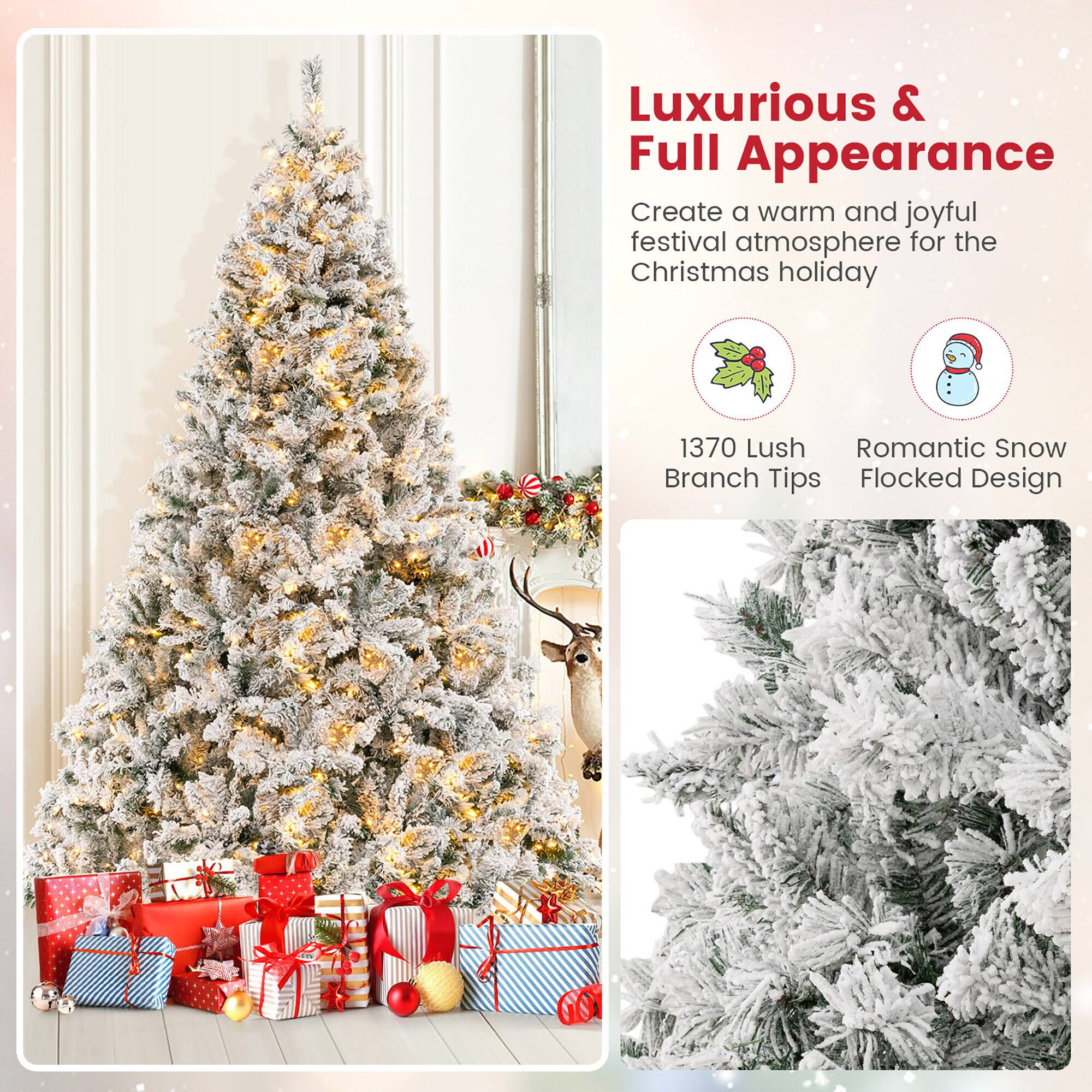 Gymax 8 FT Pre Lit Snow Flocked Xmas Tree 3 Minute Setup Artificial ...