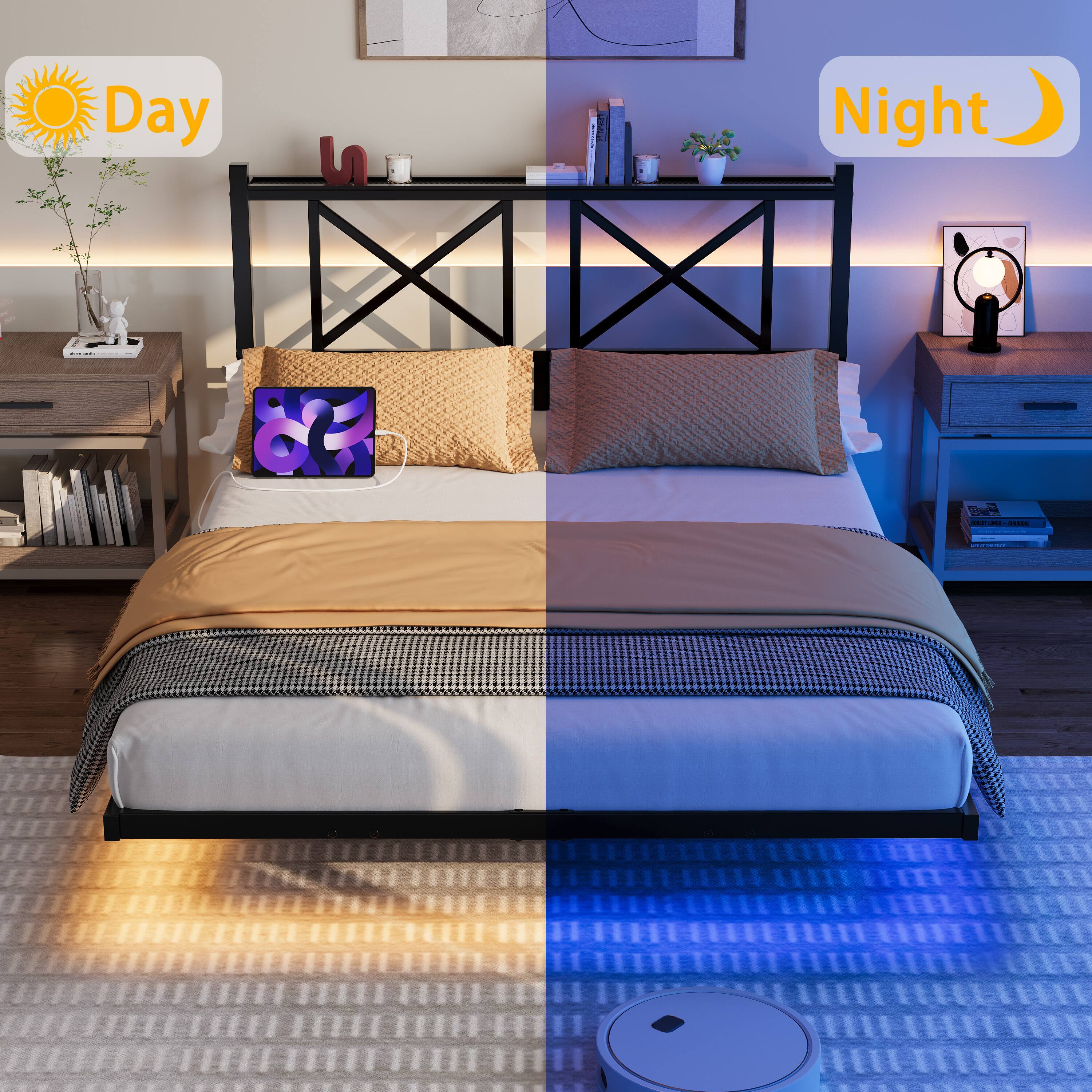 LUCKY ONE Full Size Floating Bed Frame with Headboard and Storage, USB ...