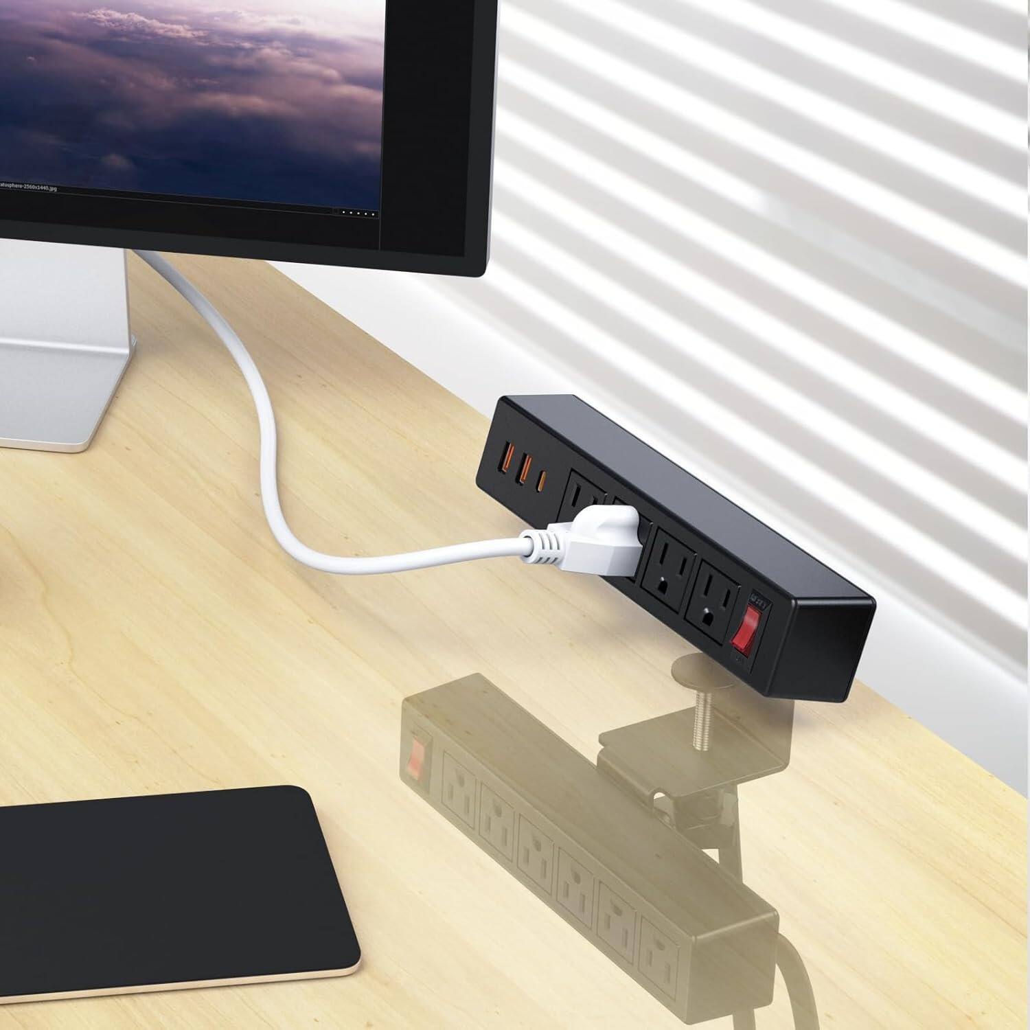 PARKER SLATER Dual Layer Desk Clamp Power Strip with 10 Outlets, 3 USB ...