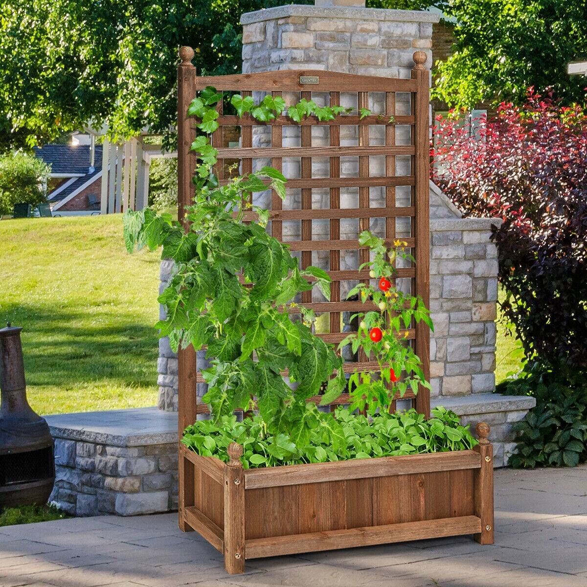 SlickBlue Free Standing Wooden Planter Box with Trellis, Raised Garden ...