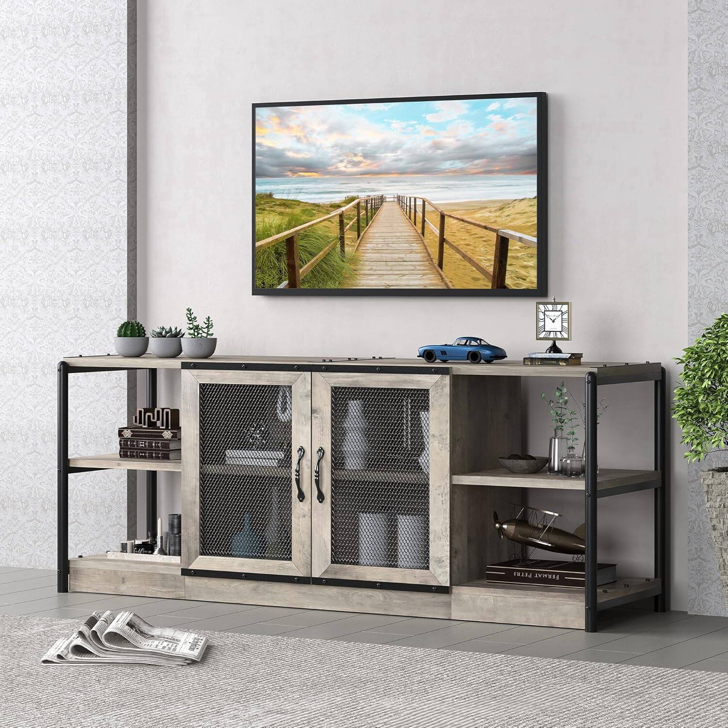 Homhougo TV Stand for 65+ Inch TV, Industrial TV Stand for Living Room ...
