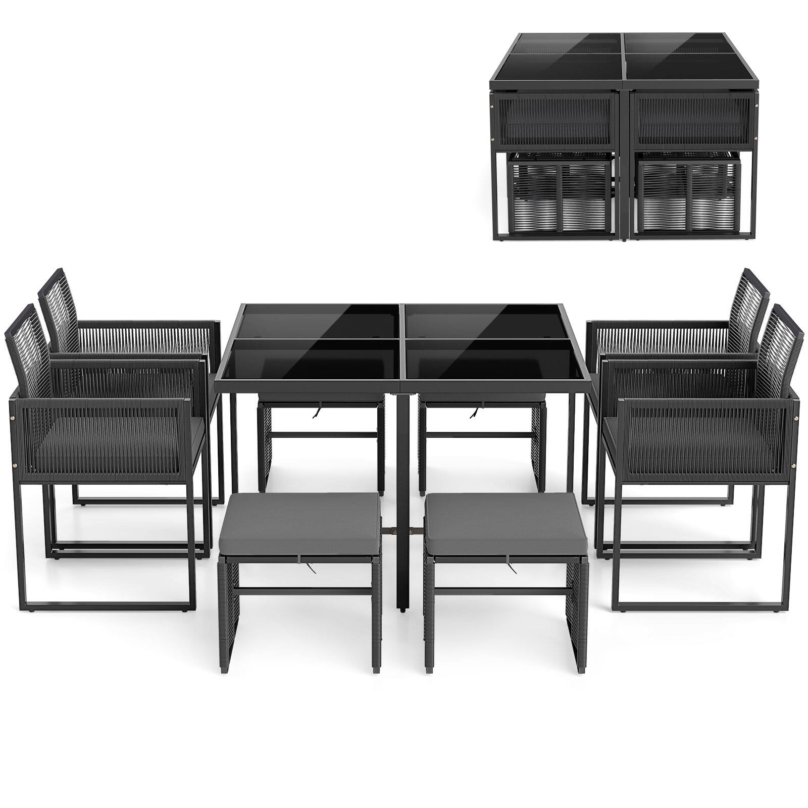 Gymax Set Of 9 Patio Dining Set w/ PE Rattan Chairs Tempered Glass ...