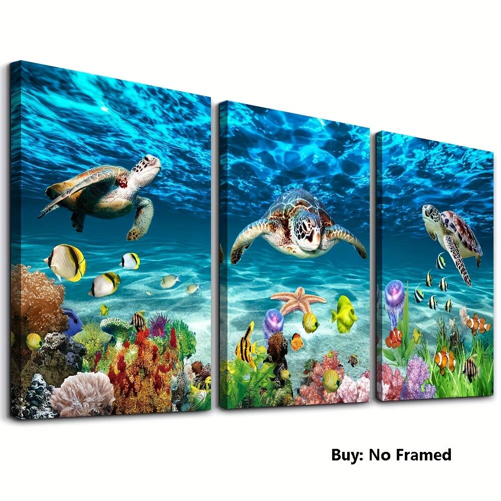 blue 3 Piece Underwater Ocean Life Canvas Wall Art Set Modern Print ...