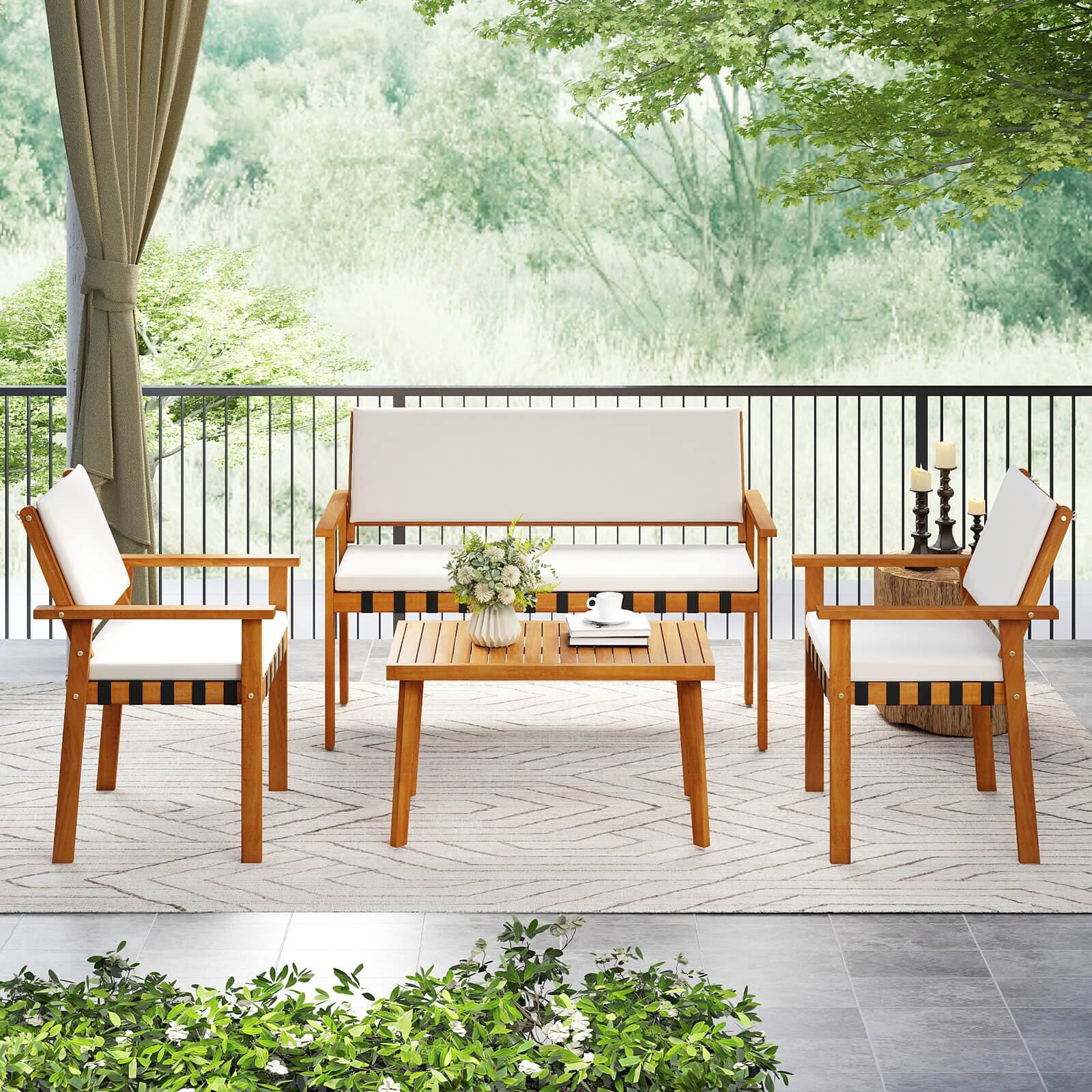 Costway 4 PCS Wood Furniture Set with Coffee Table Seat Back Cushions ...