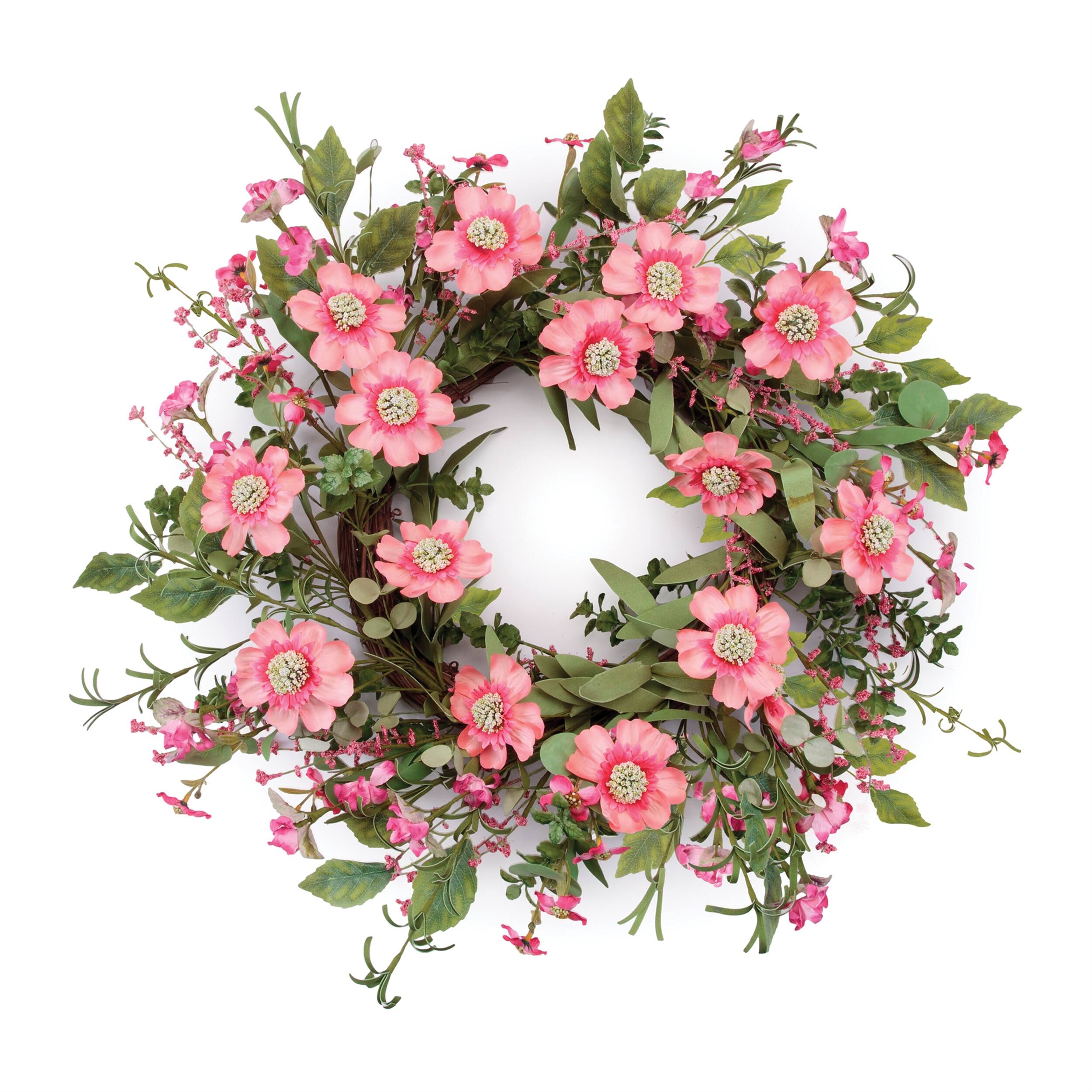 BreeBe Mixed Pincushion Floral Wreath 22"D Pink, Green 96484DS - Best Buy