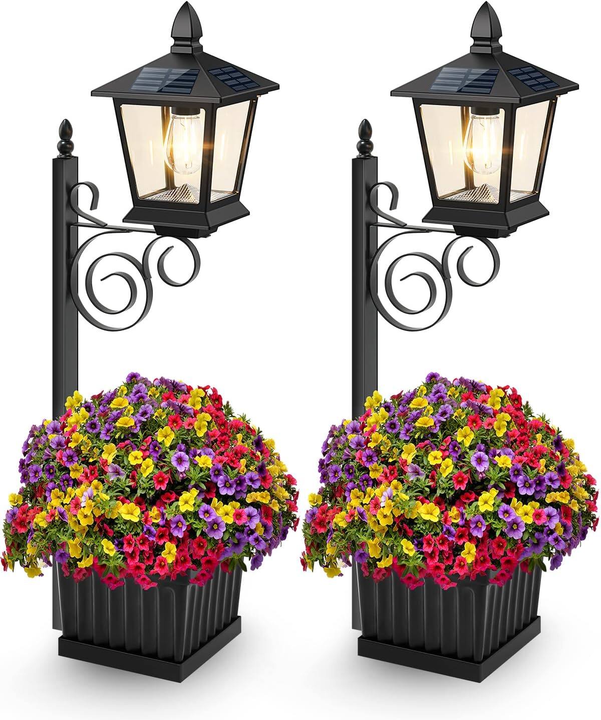 Nordic Hygge 2 Pack Outdoor Flower Pots 2 in 1, Solar Lamp Post with ...