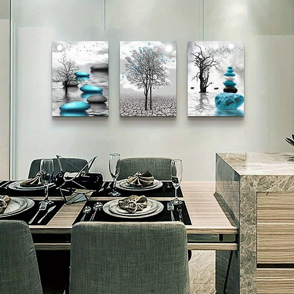blue [3pcs Modern Abstract Canvas Art] 3pcs Canvas Wall Art for Living ...