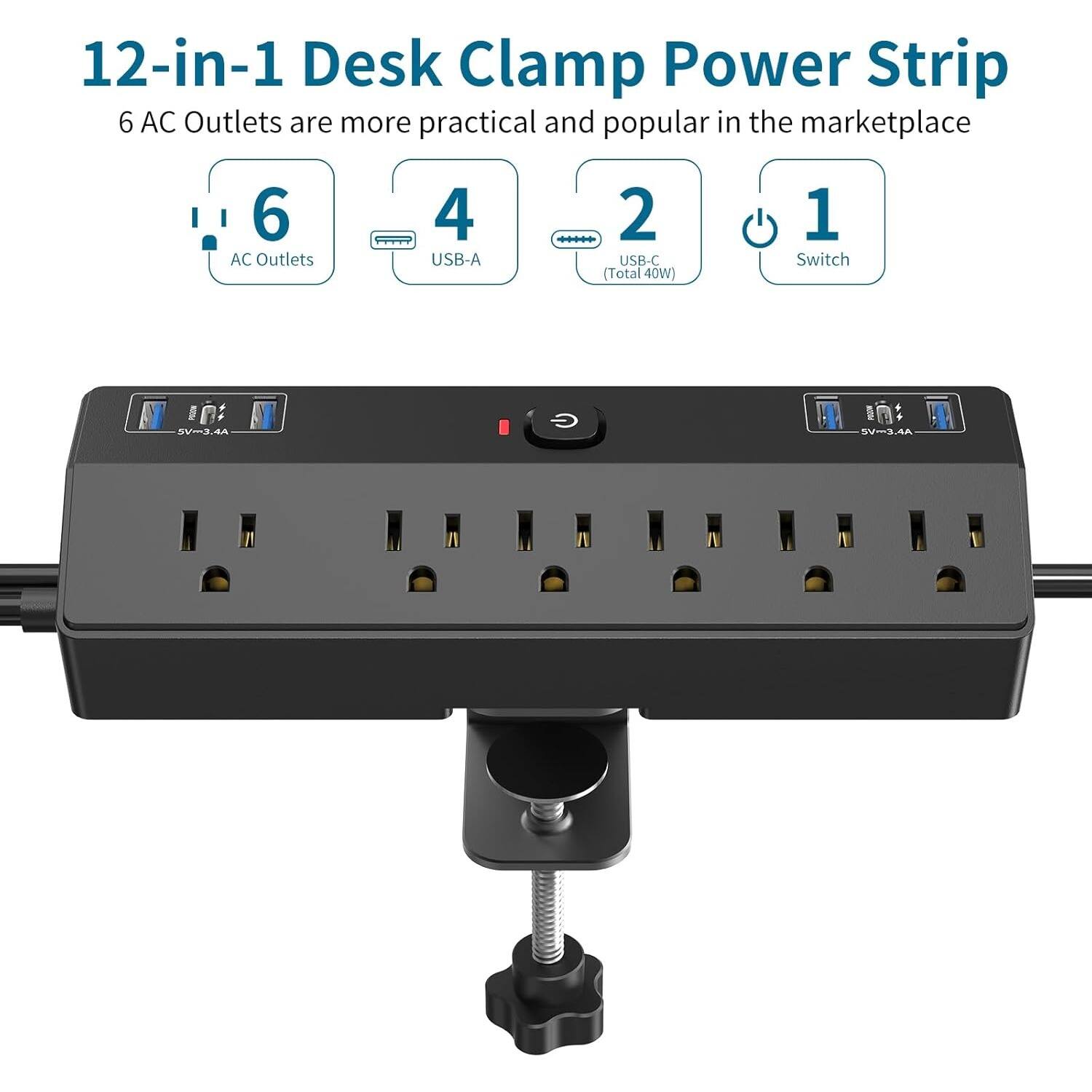 PARKER SLATER Desk Clamp Power Strip with 7 Outlets, 1700J Surge ...