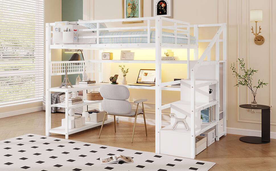 TinyHomie Full Size Loft Bed with Staircase and Wardrobe Desk Storage ...