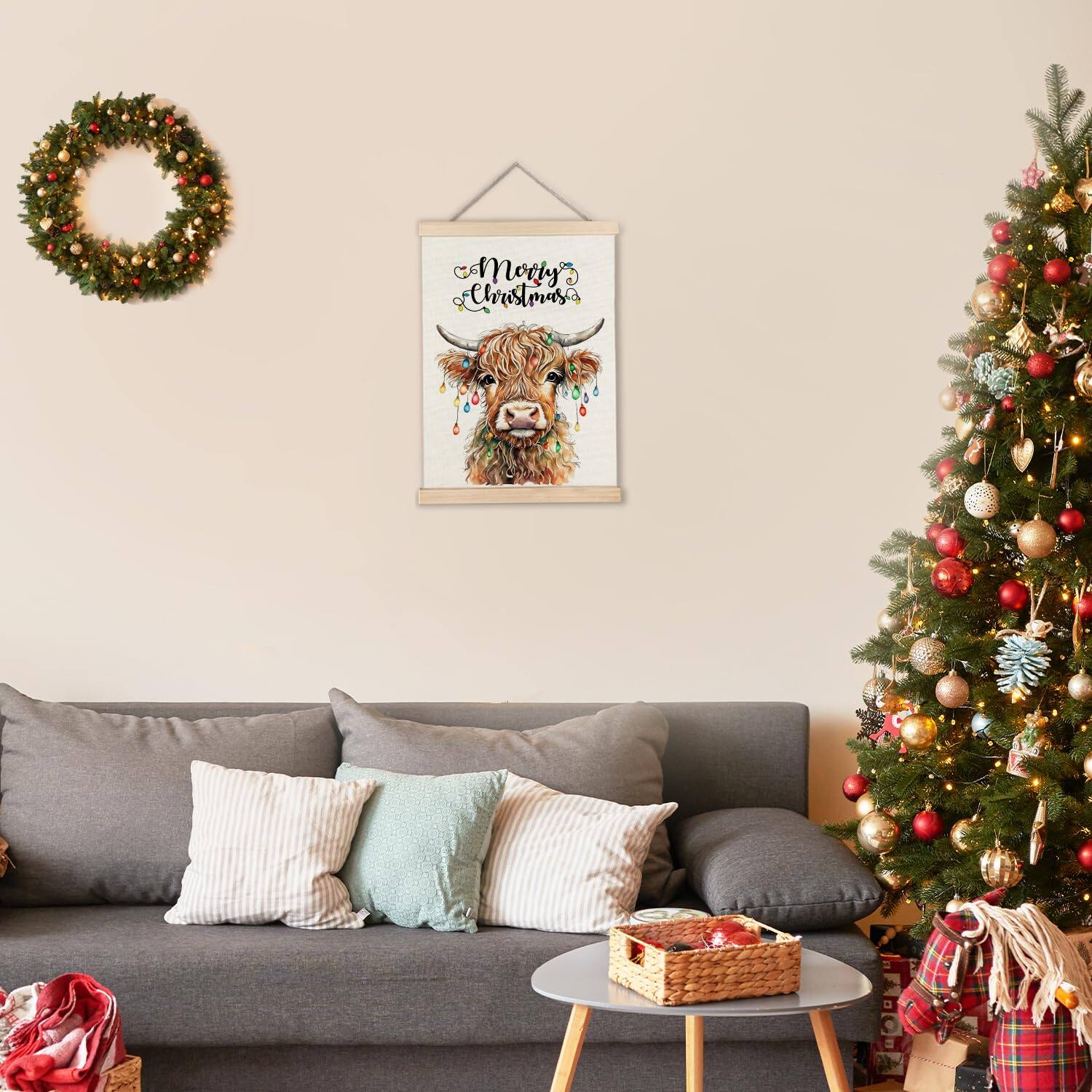 Paradigms Interiors Christmas Highland Cow Wall Art With Wooden Poster ...
