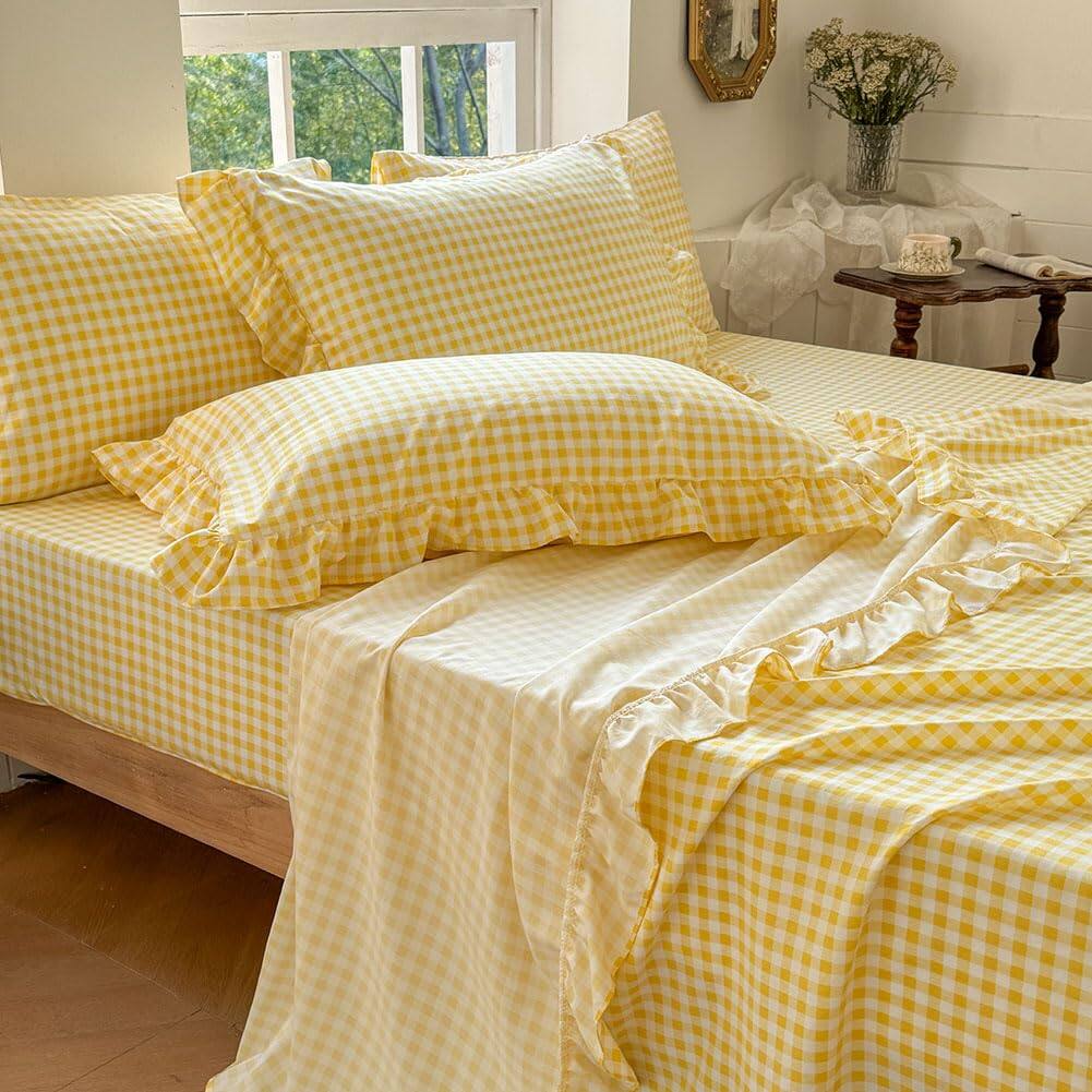 Dapper Styles Gingham Ruffle Queen Sheet Set Soft Pre washed Microfiber ...