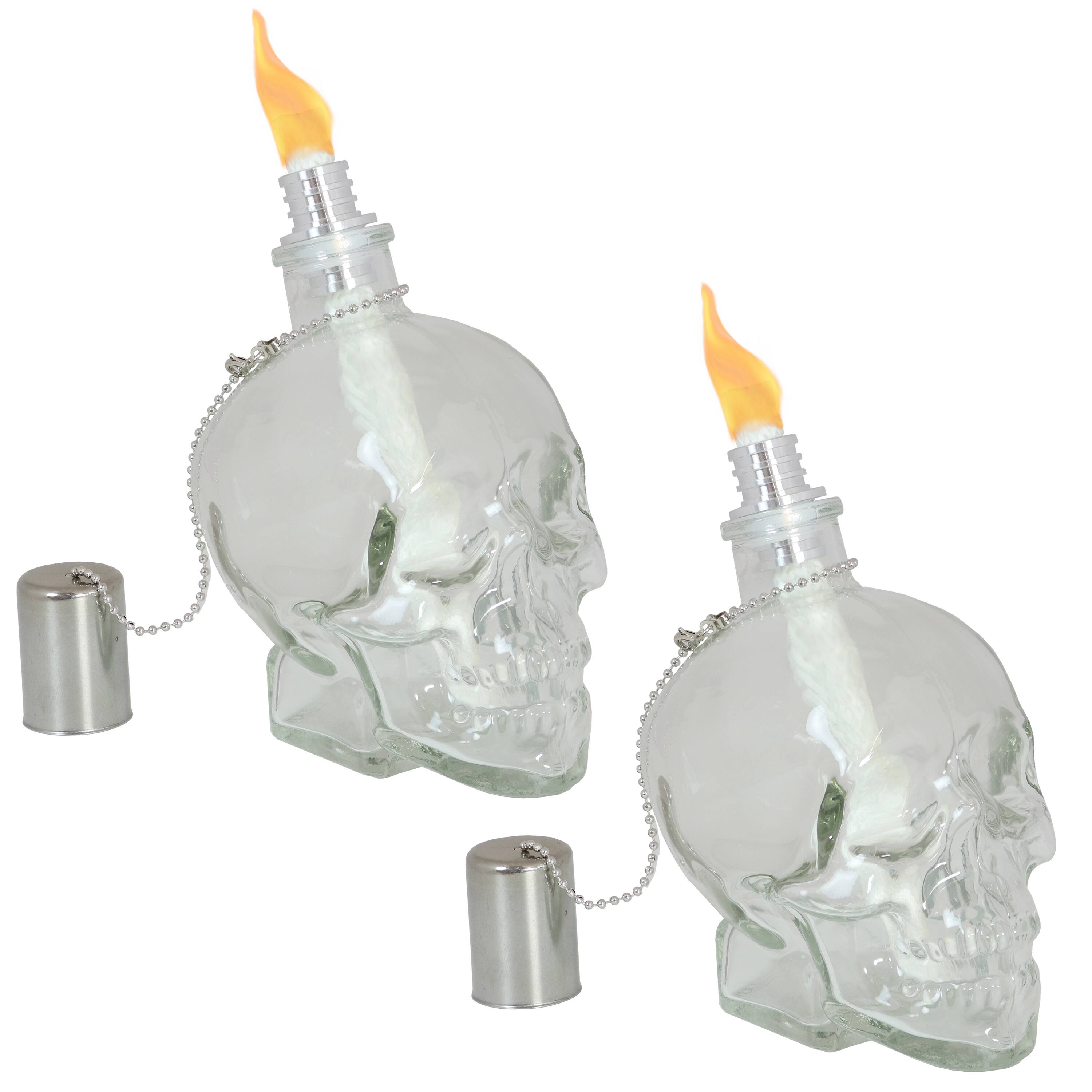 Sunnydaze Glass/Aluminum Grinning Skull Tabletop Torches Set of 2 Clear ...