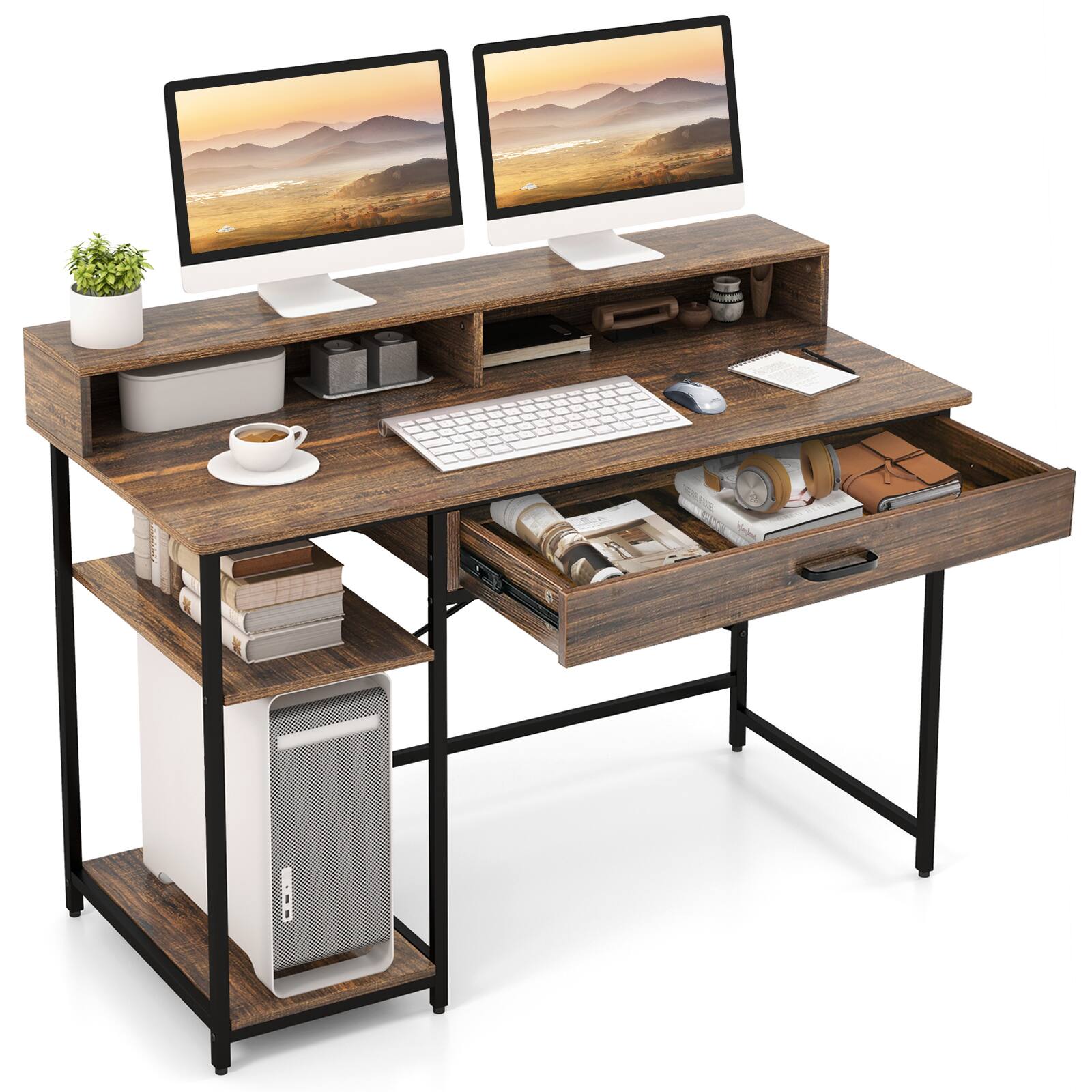 Ecooso 48 Inch Computer Desk with Monitor Stand, Drawer and Shelves ...