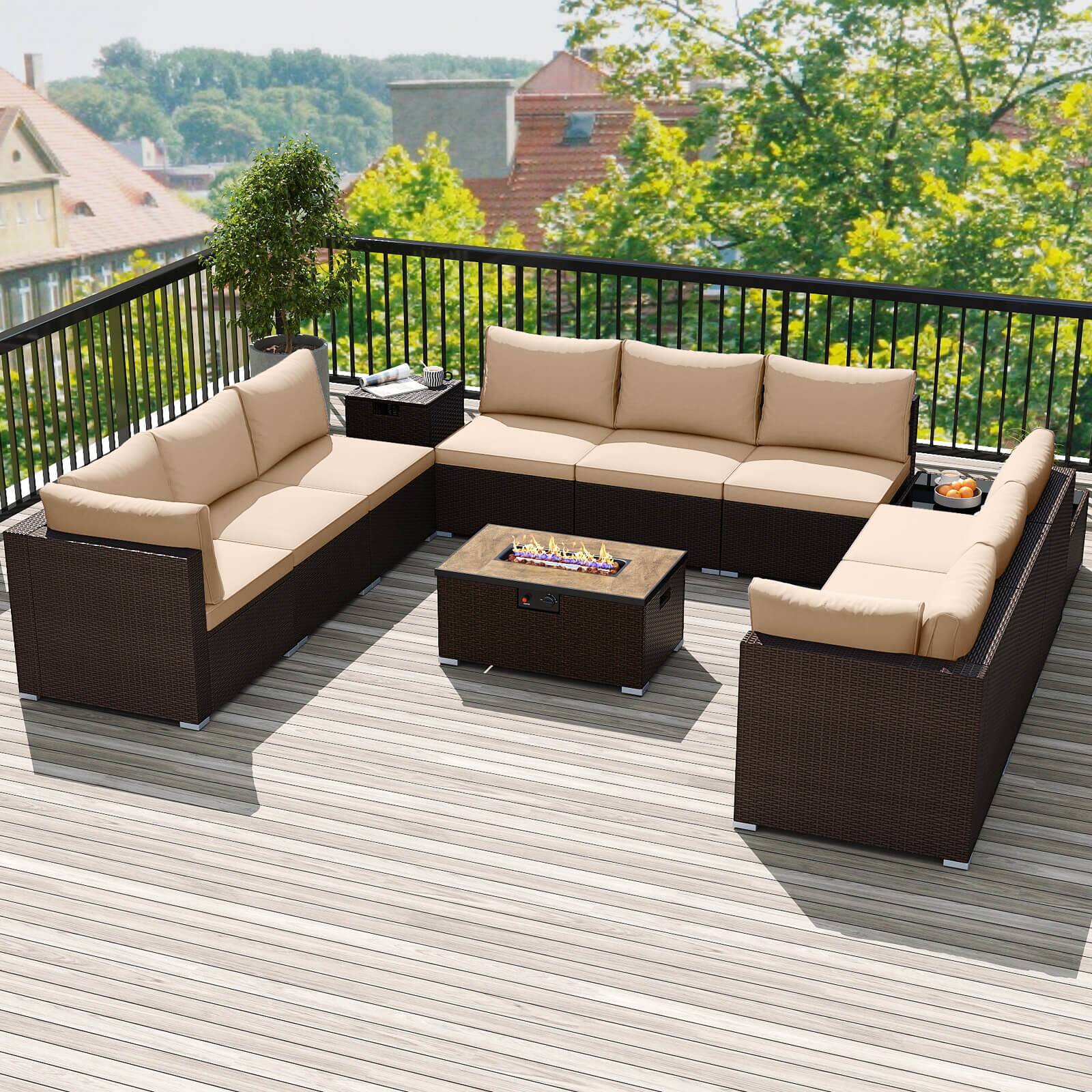 Costway 12 PCS Patio Wicker Sectional Sofa Set with 32" Propane Fire ...