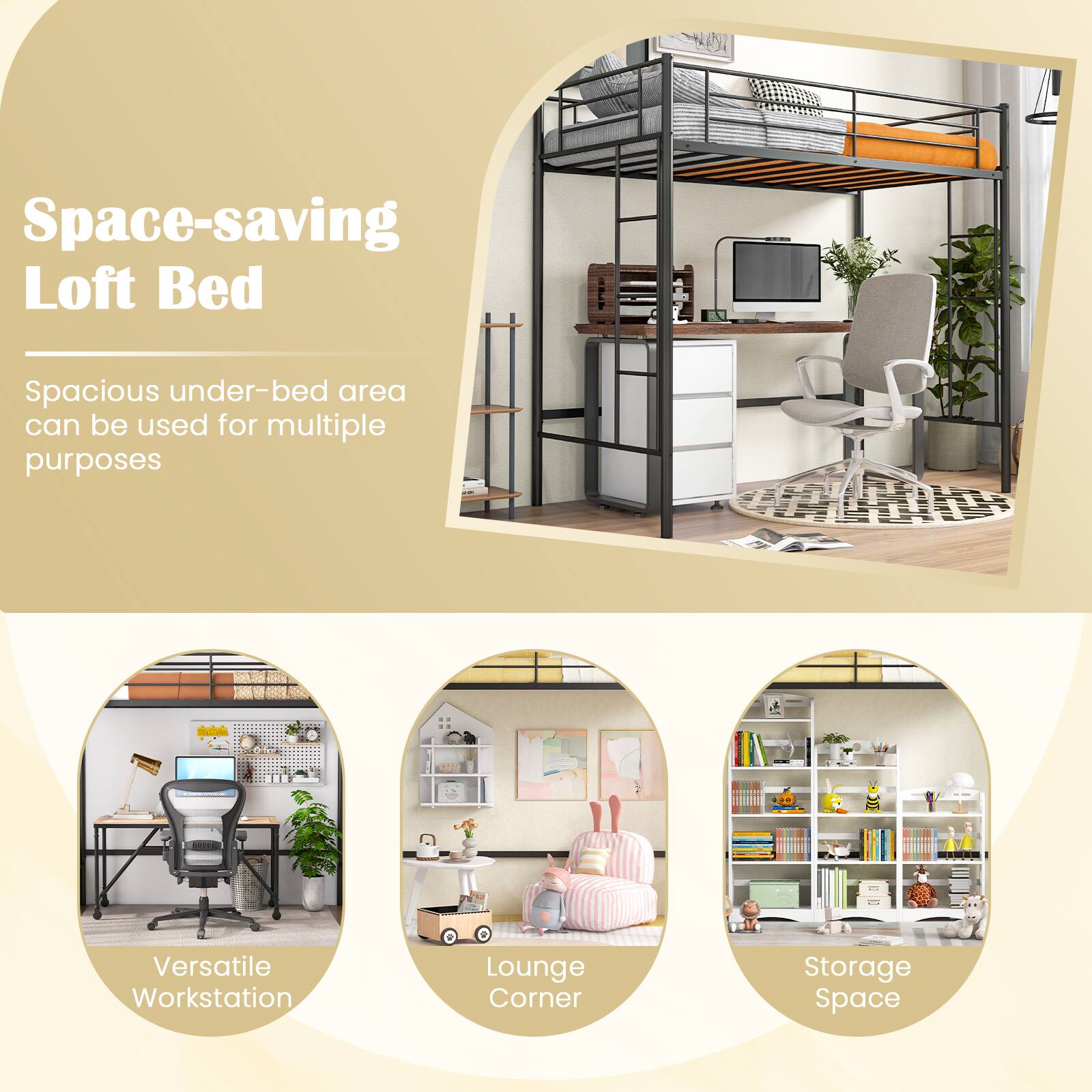 Costway Twin Size Loft Bed Heavy Duty Metal Loft Bed Frame with Safety Guardrail Black COST03777 ...