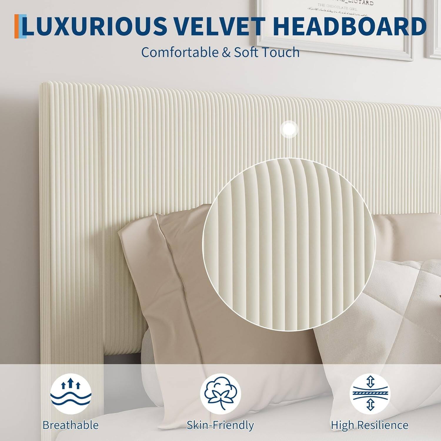 Qeetex Queen Bed Frame, Upholstered Platform, Fabric Headboard, No Box ...