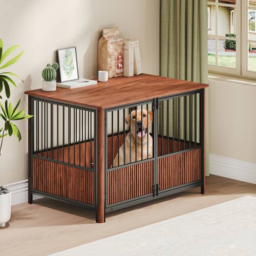 Runesay Walnut 43 in. Fluted Wood Furniture Style Dog Crate for Large ...