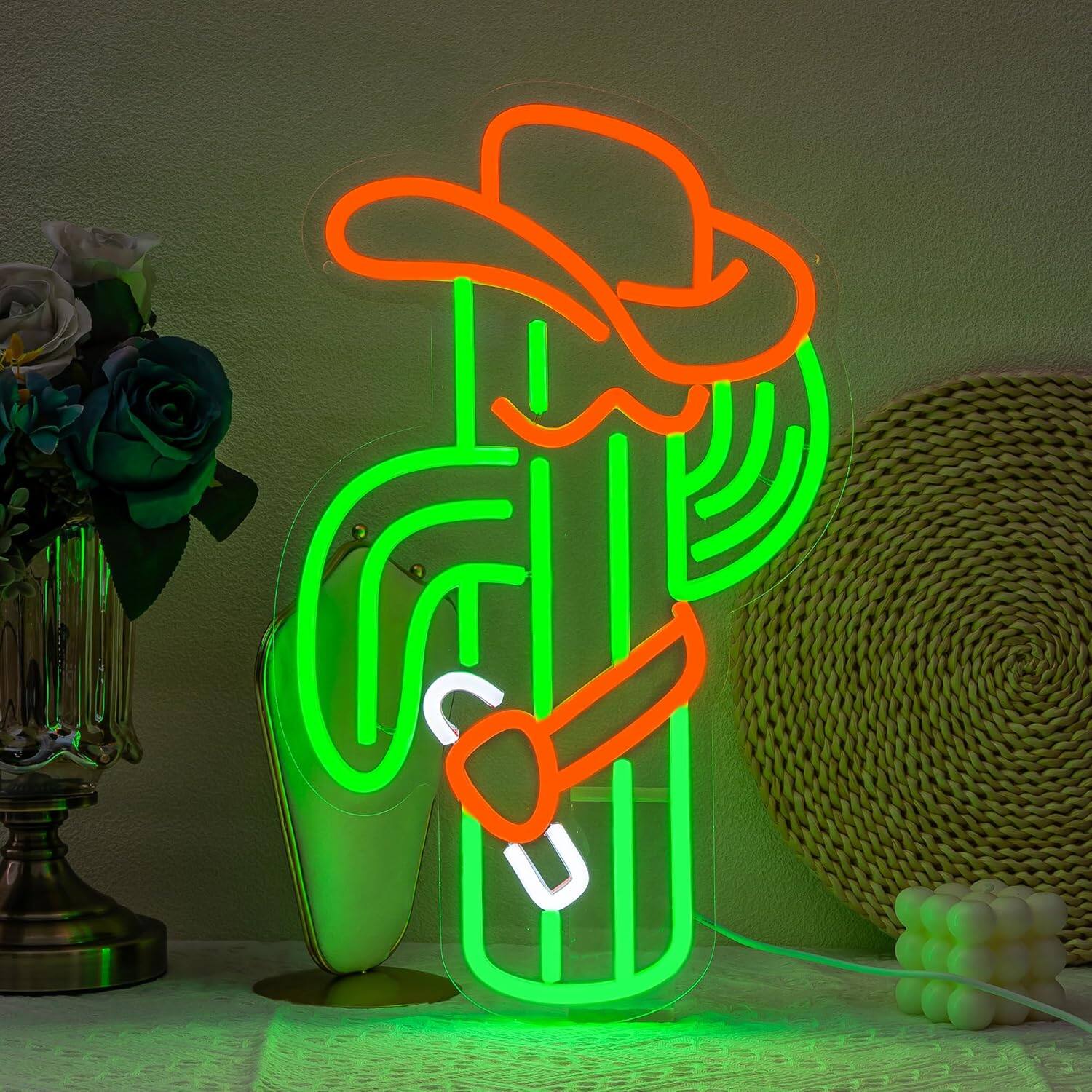 Auledio Cactus Neon Sign Cowboy Hat Neon Light for Wall Decor Cowboy ...
