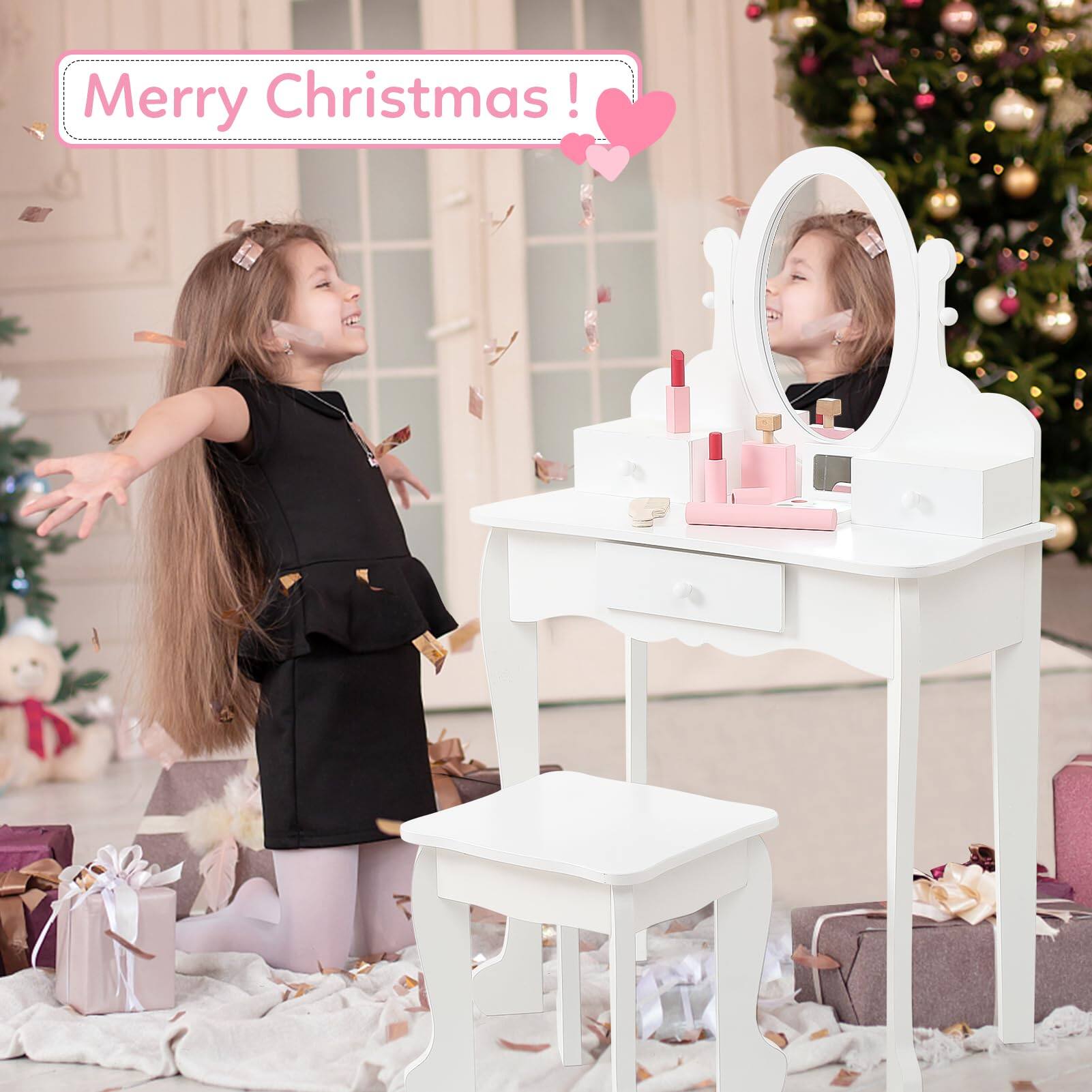 Jojoka Kids Vanity Set with Mirror & Stool, Wooden Makeup Table with ...