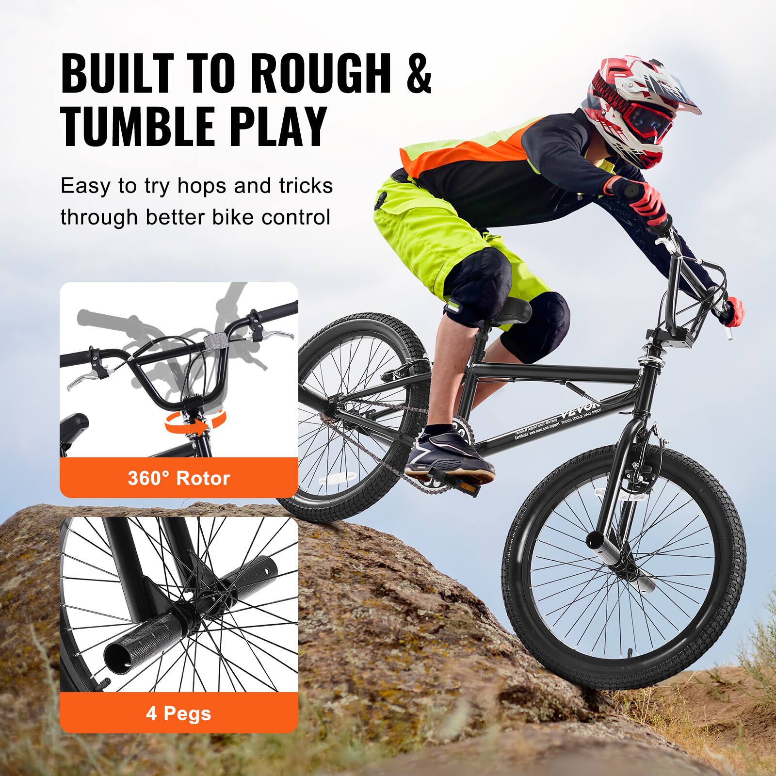 VEVOR BMX Bike, 20 Inch Wheel Freestyle Bike, BMX Race Bike with 360° Rotor and 4 Pegs, Beginner ...