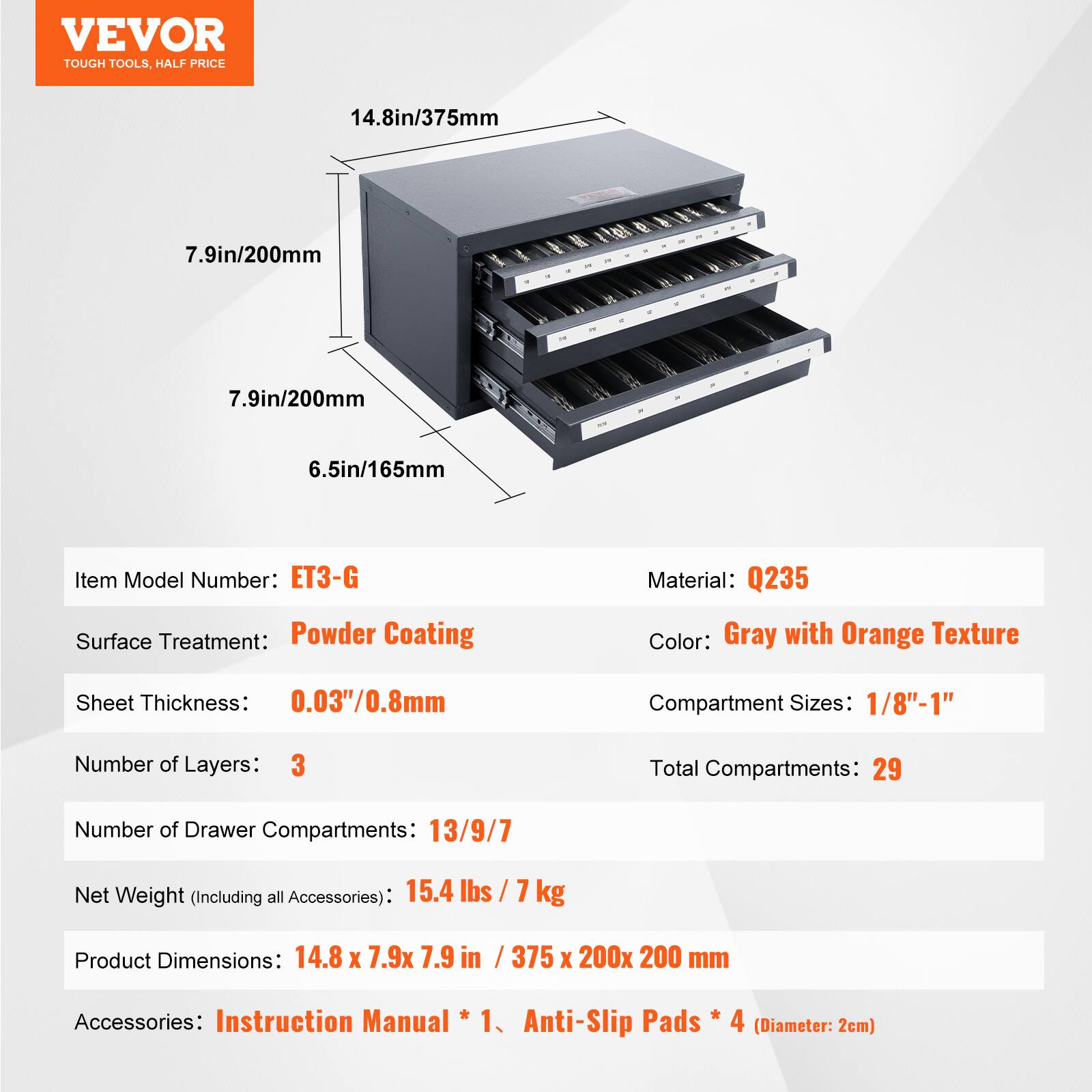 VEVOR Three Drawer Steel Cabinet for End Mill Organization ...