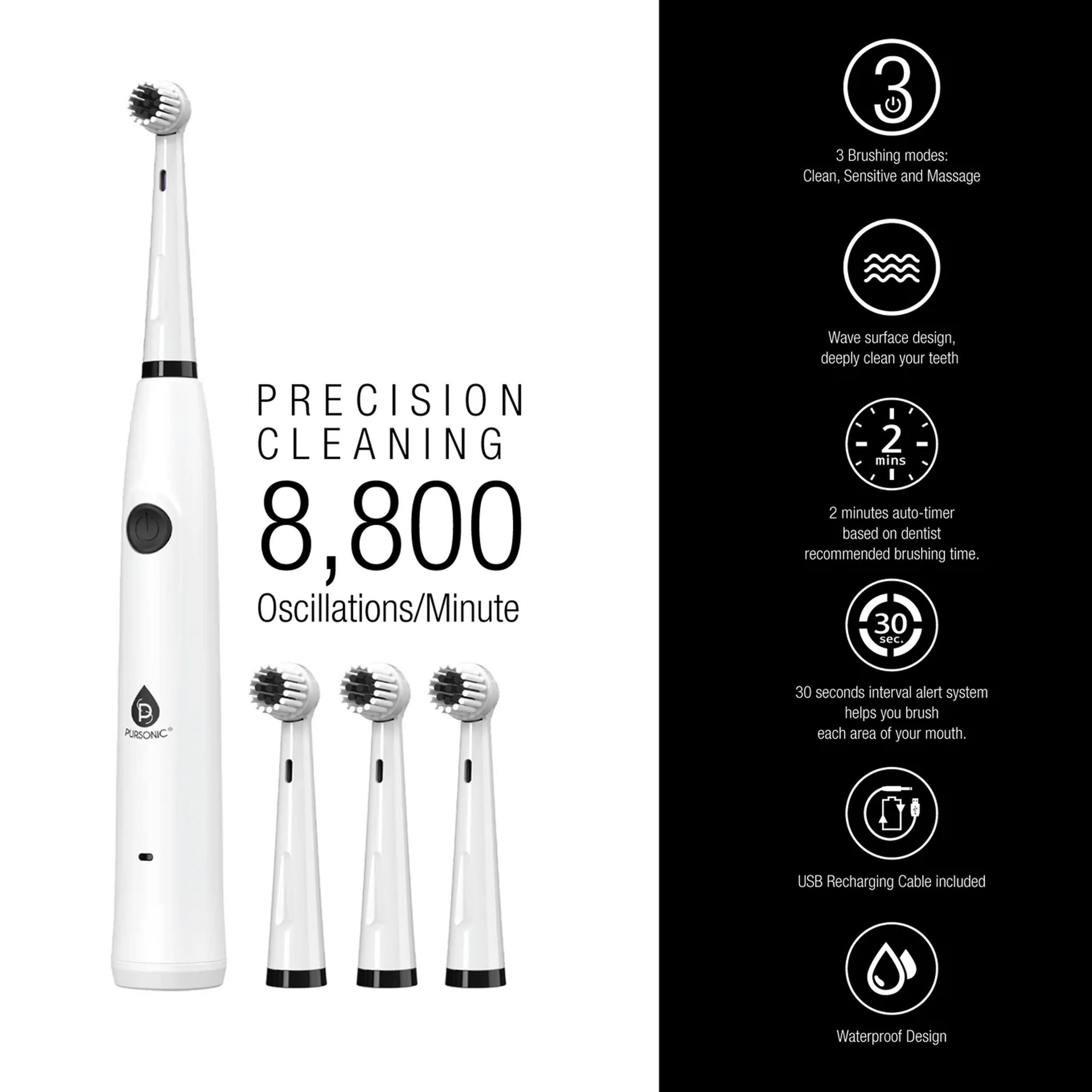 Pursonic Mario Lopez Rechargeable USB Electric Toothbrush with 3 Brush ...