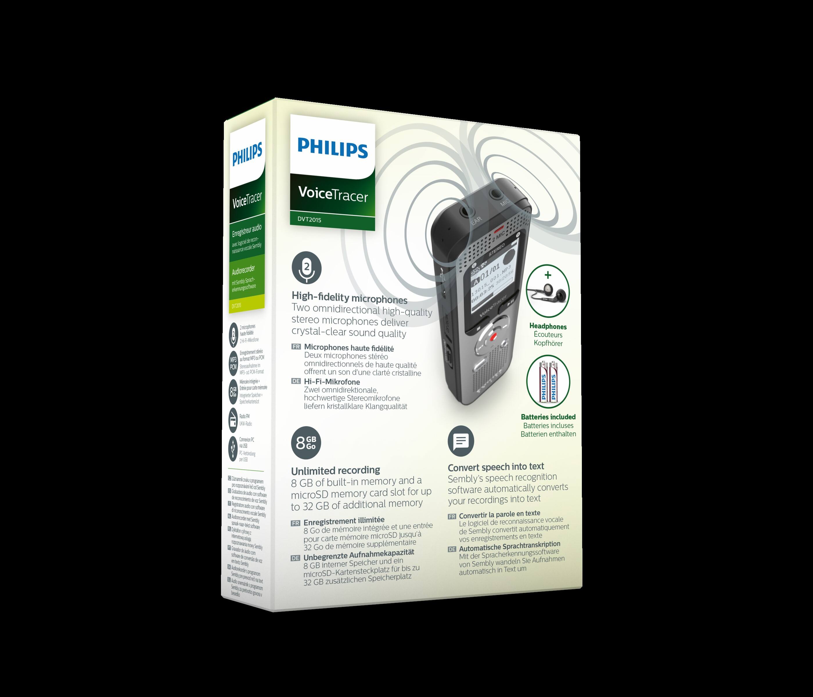 Philips VoiceTracer DVT2015 8GB Voice Recorder with Sembly Cloud Speech-to-Text Software DVT2015 ...